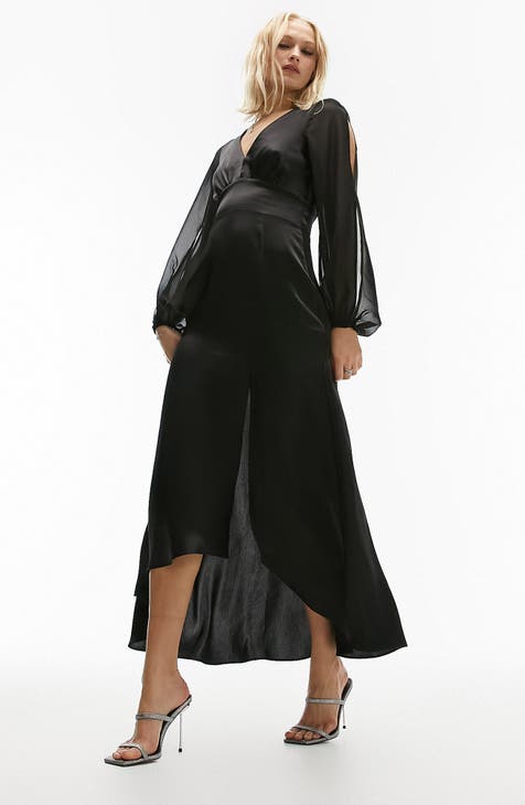 Split Long Sleeve Satin Maxi Dress