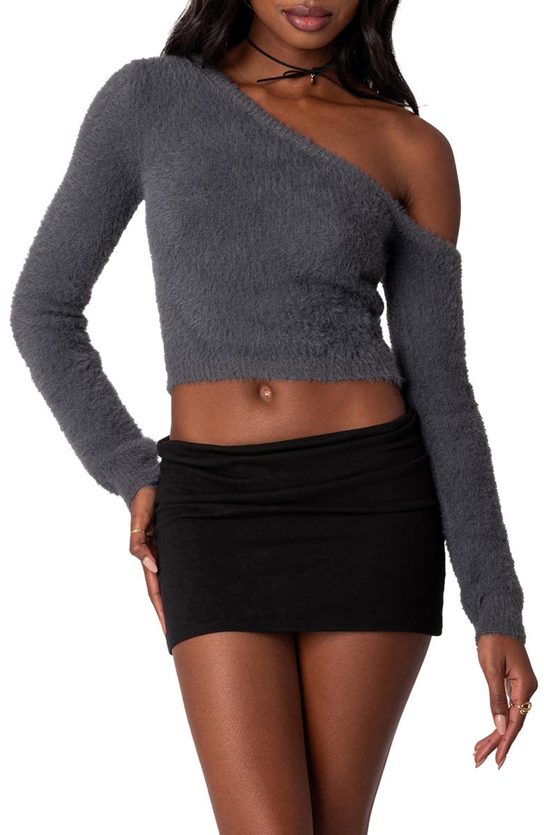 EDIKTED Frannie One-Shoulder Fuzzy Crop Top | Nordstrom
