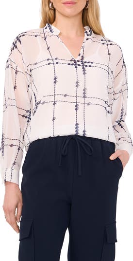 Halogen® Windowpane Long Sleeve Chiffon Top | Nordstromrack