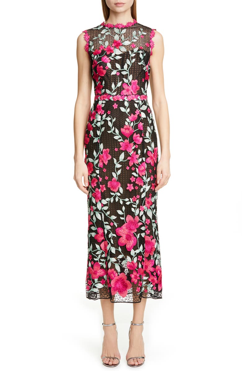Marchesa Notte Floral Embroidered Crochet Midi Sheath Dress Nordstrom