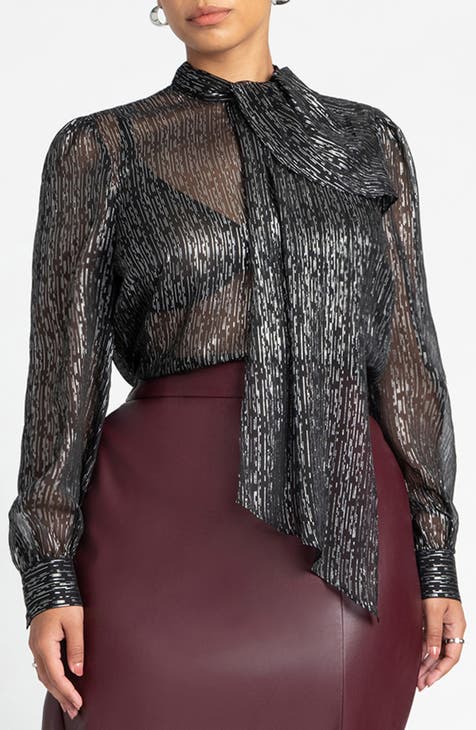 Metallic Sheer Tie Neck Top (Plus)