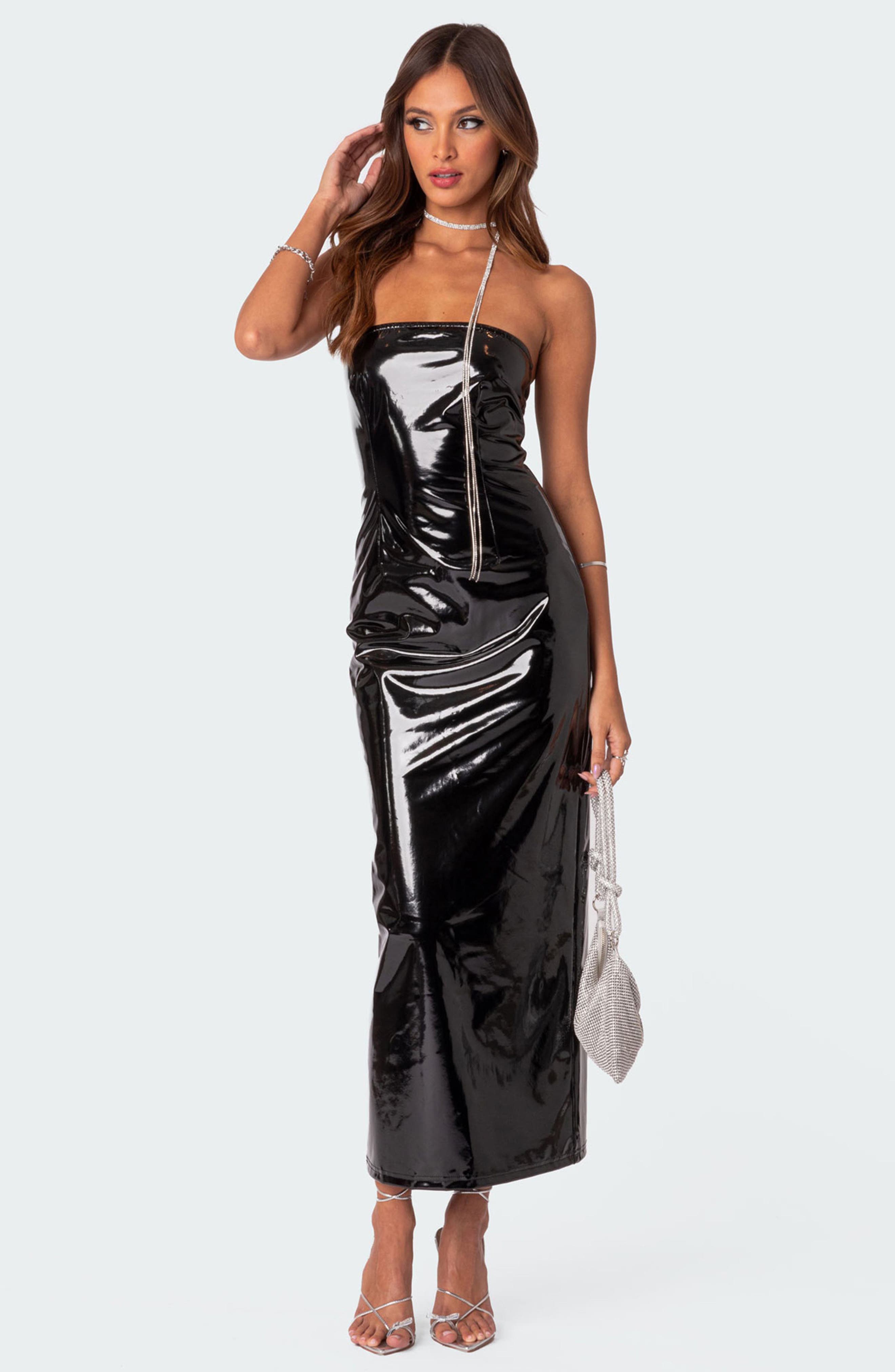 EDIKTED Vegas Patent Faux Leather Strapless Midi Dress in Black | Smart ...