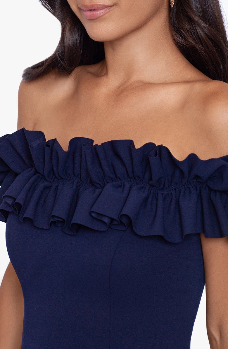 Xscape Evenings Off the Shoulder Ruffle Crepe Trumpet Gown | Nordstrom