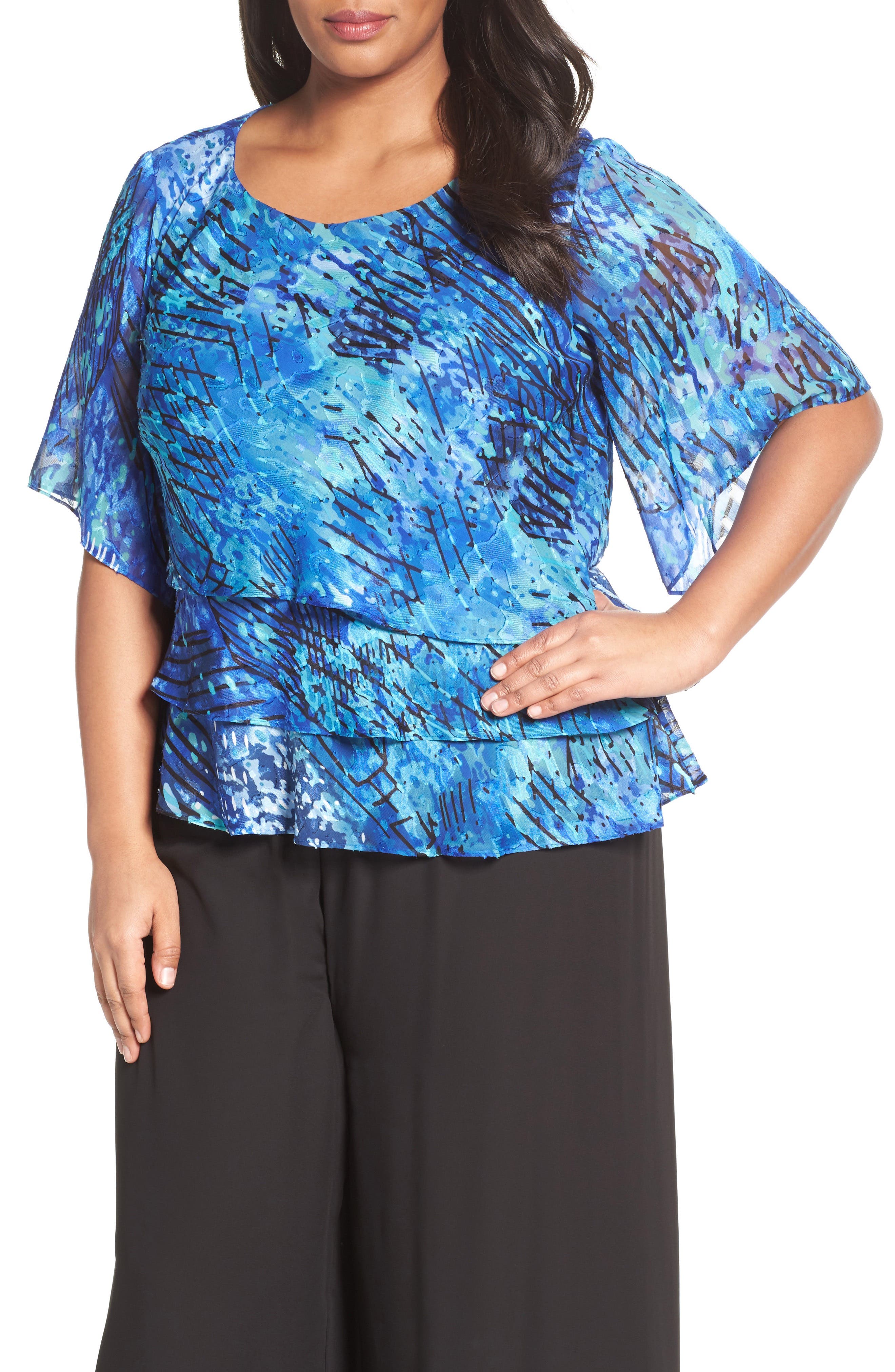 Alex Evenings Tiered Print Chiffon Blouse (Plus Size) | Nordstrom