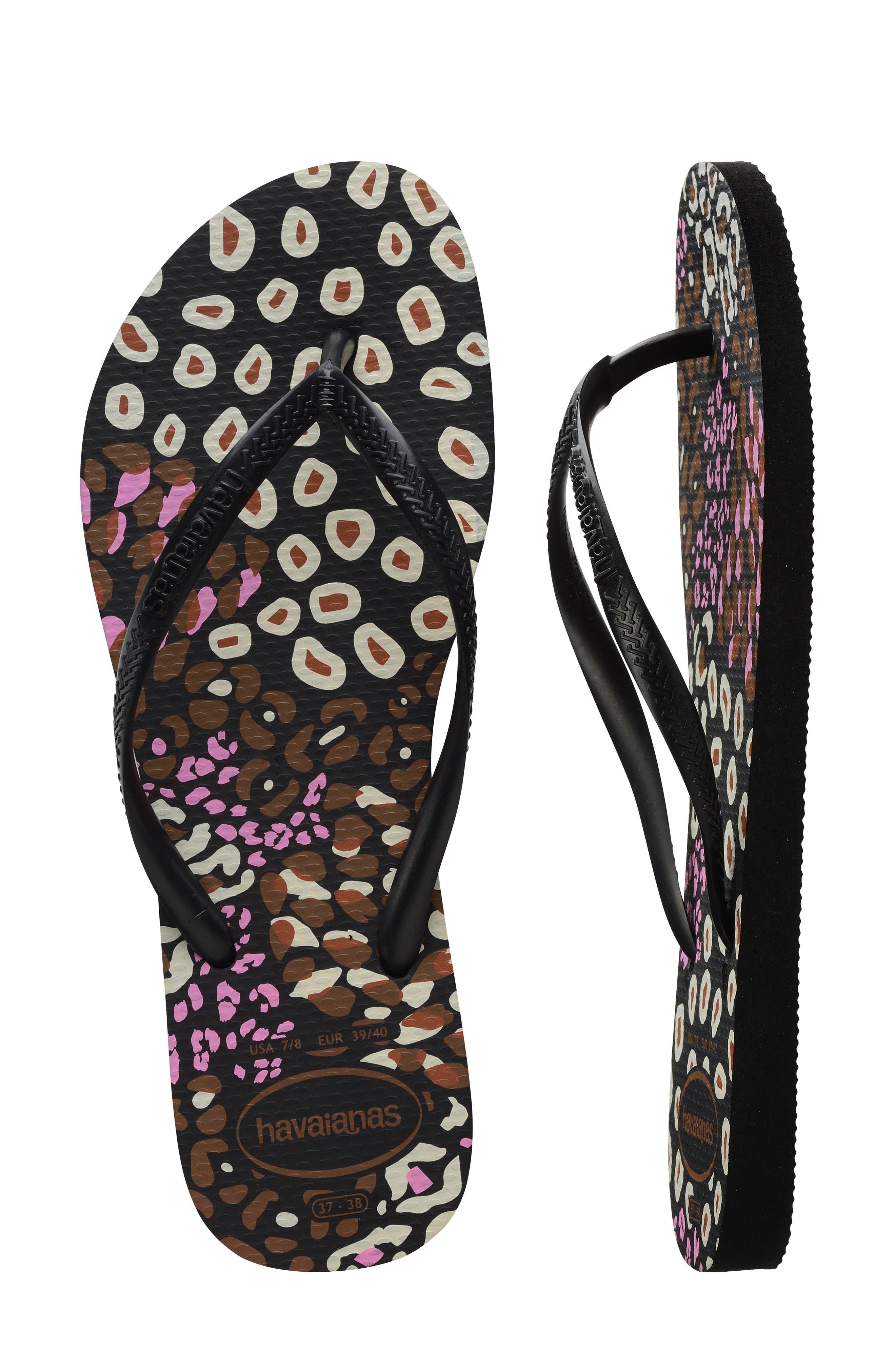 Havaianas Slim Animal Print Flip Flop in Black/Pink Lemonade | Smart Closet