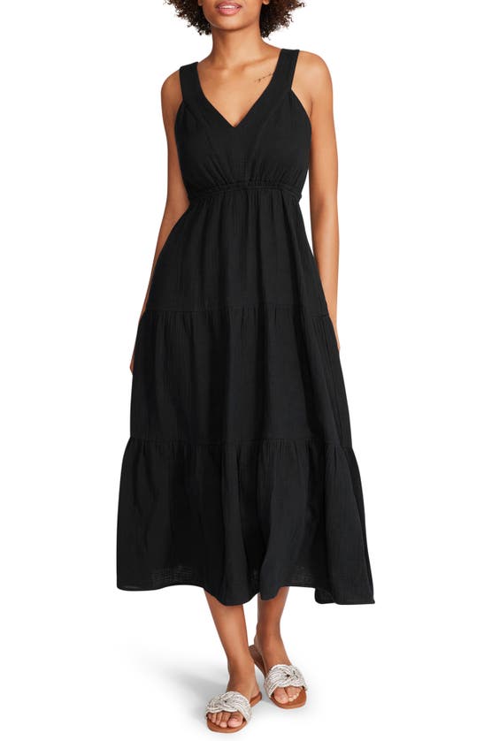 Steve Madden Amira Tiered Cotton Midi Dress In Black | ModeSens