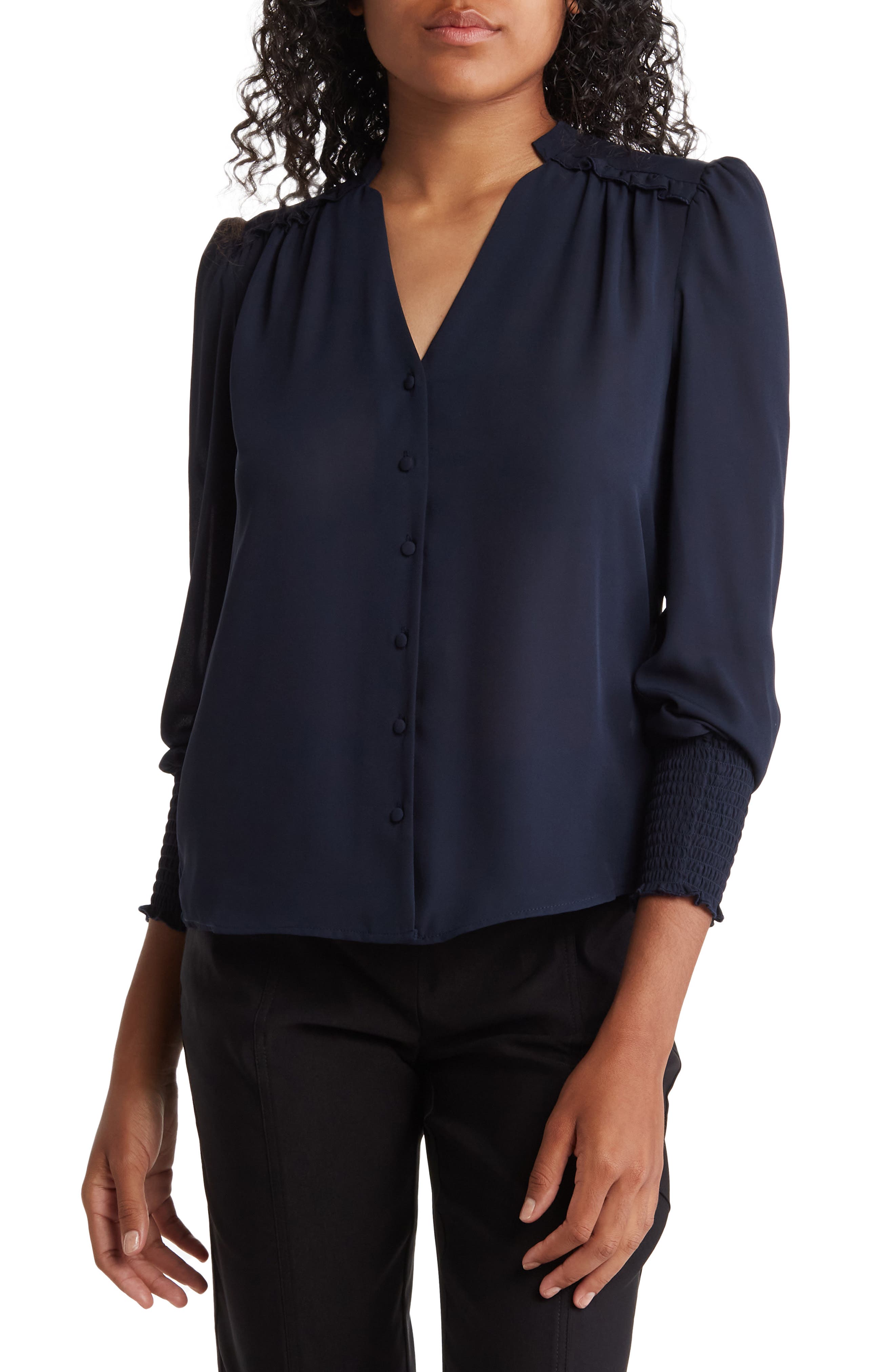 Nanette Lepore Smocked Cuff Split Neck Blouse | Nordstromrack