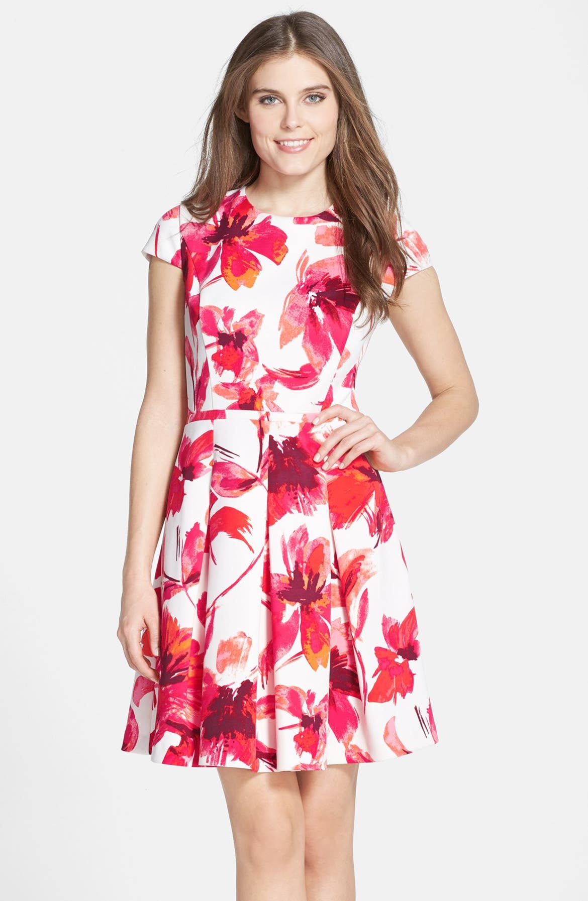 Vince Camuto Floral Print Scuba Pleated Fit And Flare Dress Regular