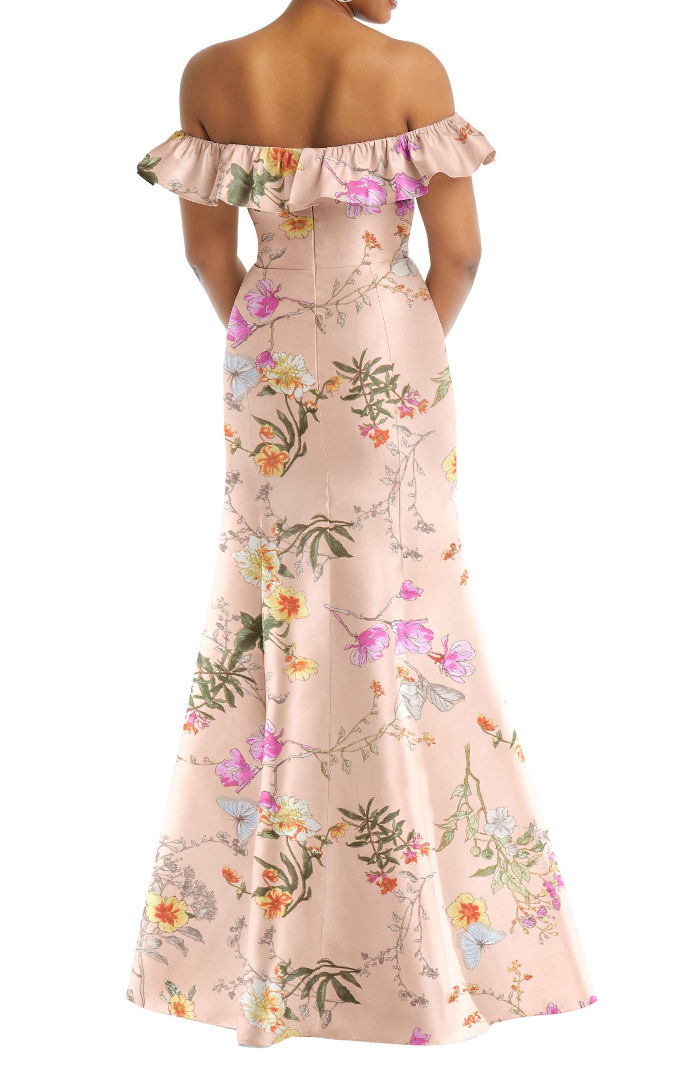 Alfred Sung Off the Shoulder Ruffle Floral Satin Gown | Nordstrom