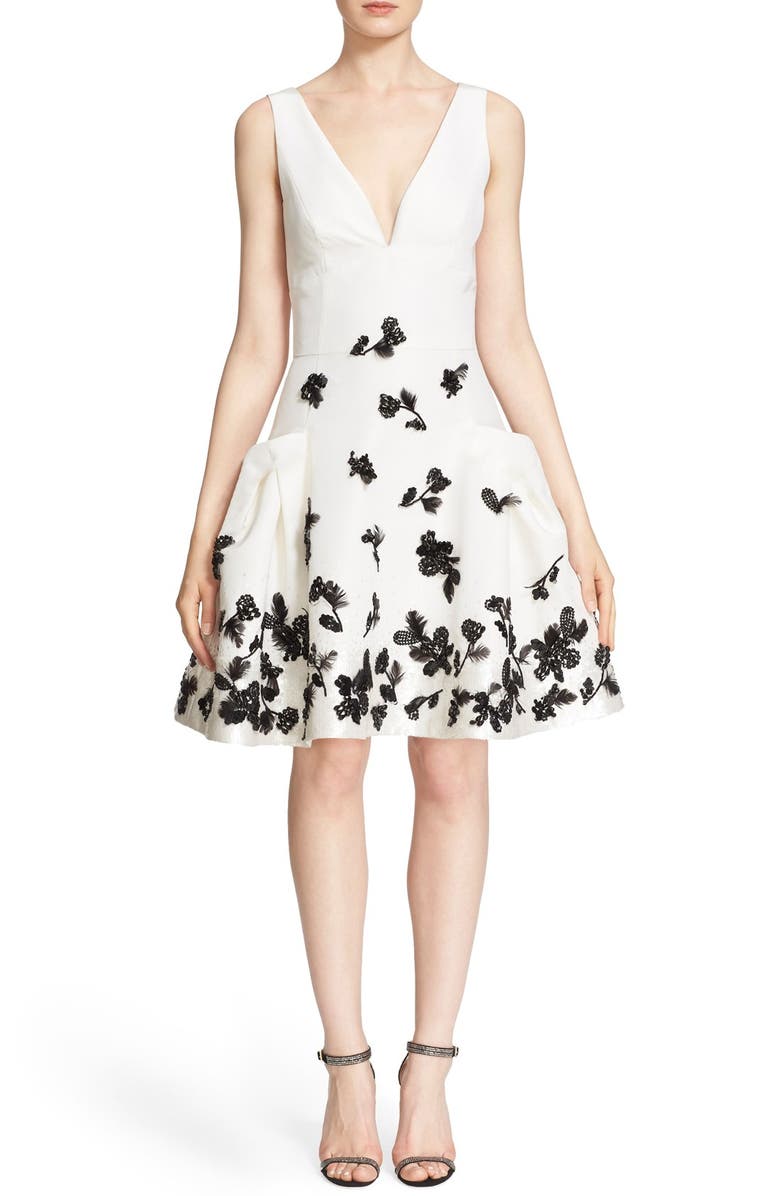 Carolina Herrera Floral Appliqué Fit And Flare Silk Dress Nordstrom