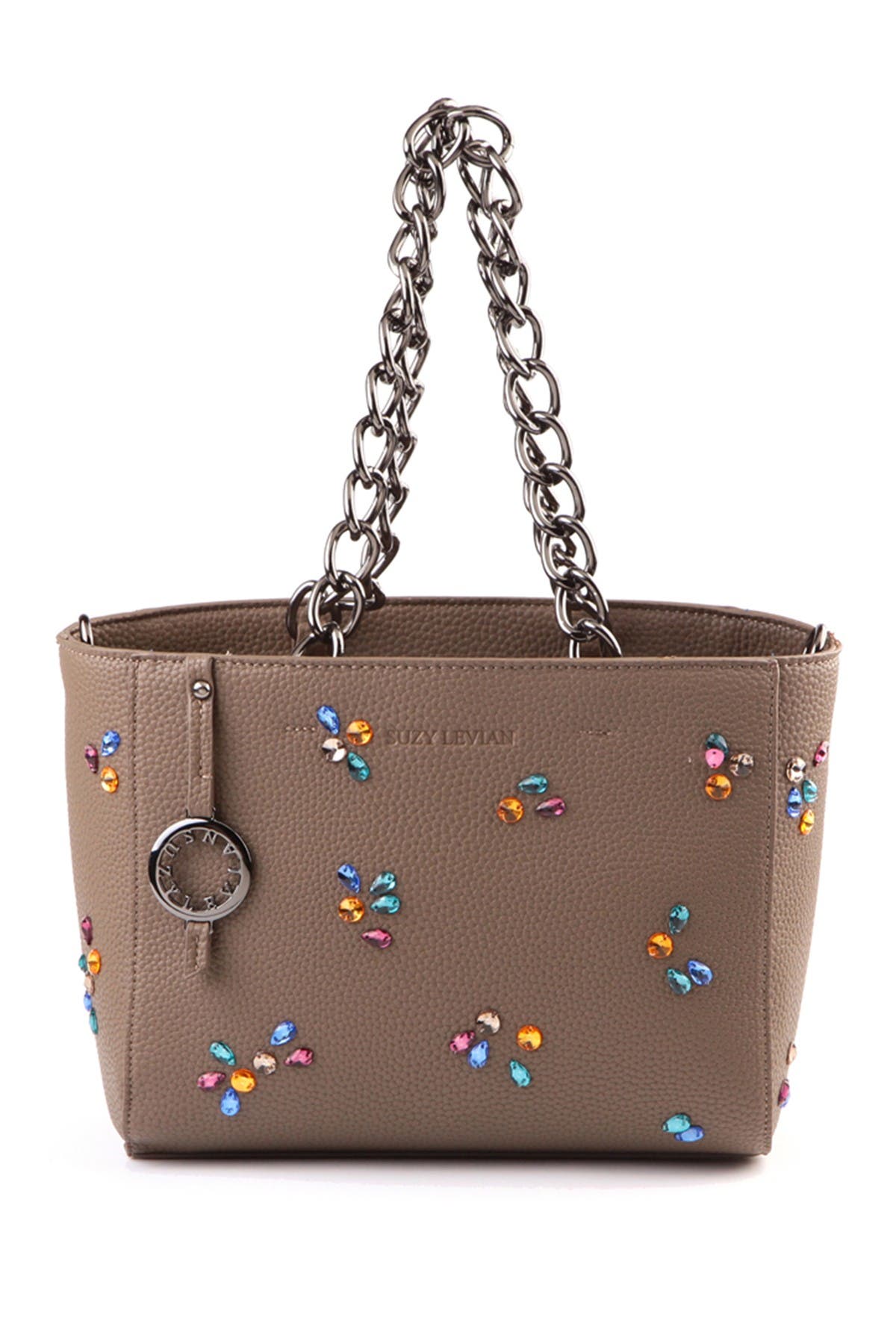 Suzy Levian Pebbled Faux Leather Rhinestone Satchel Handbag In Grey ...