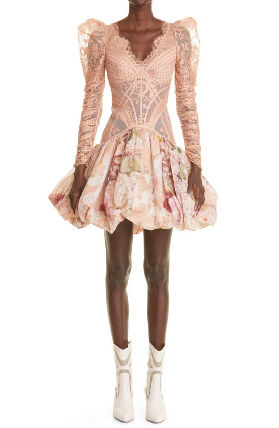 Zimmermann Dancer Puff Sleeve Silk And Linen Minidress In Blush Garden