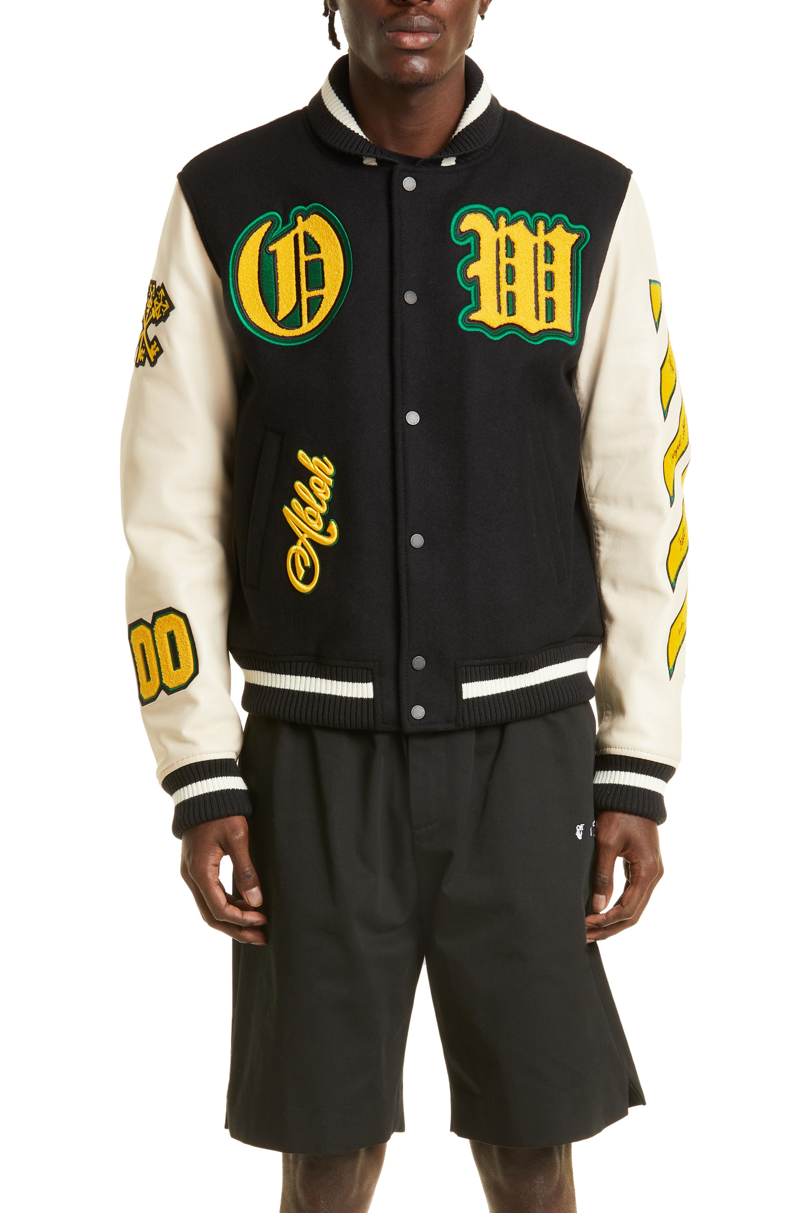 Off-White Stretch Wool Blend & Leather Varsity Jacket | Nordstrom