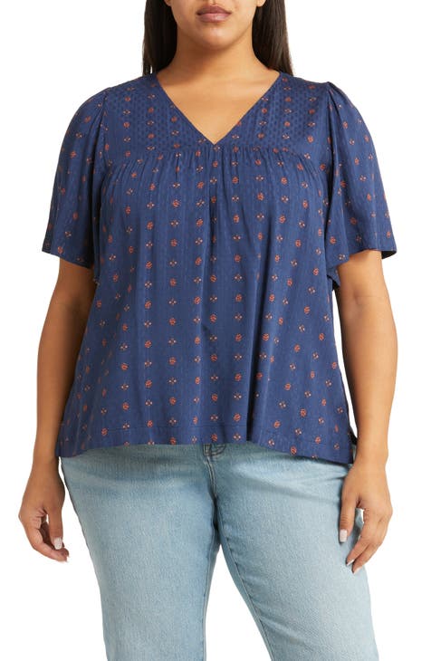 Print V-Neck Gauze Top (Plus Size)