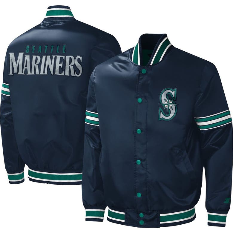 Starter Navy Seattle Mariners Midfield Satin Full-snap Varsity Jacket ...
