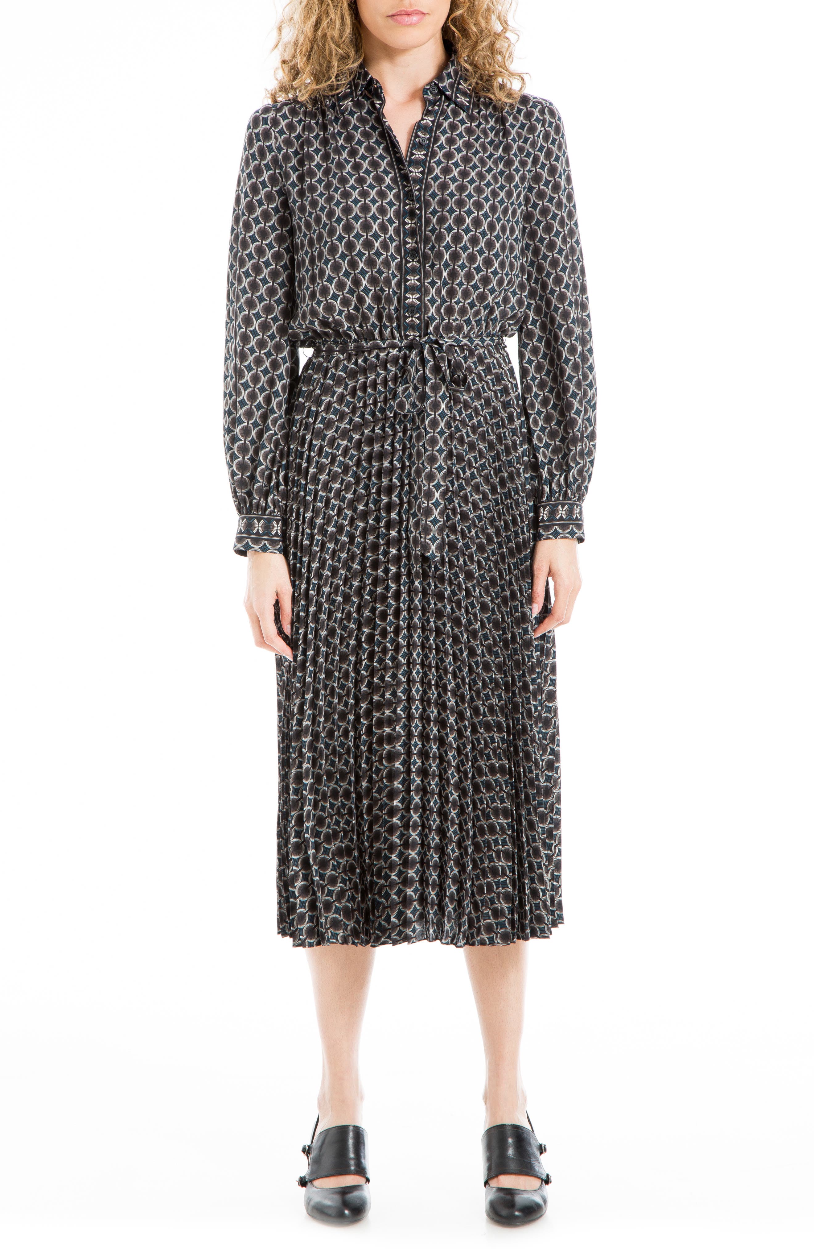 MAX STUDIO Long Sleeve Pleated Shirtdress | Nordstromrack