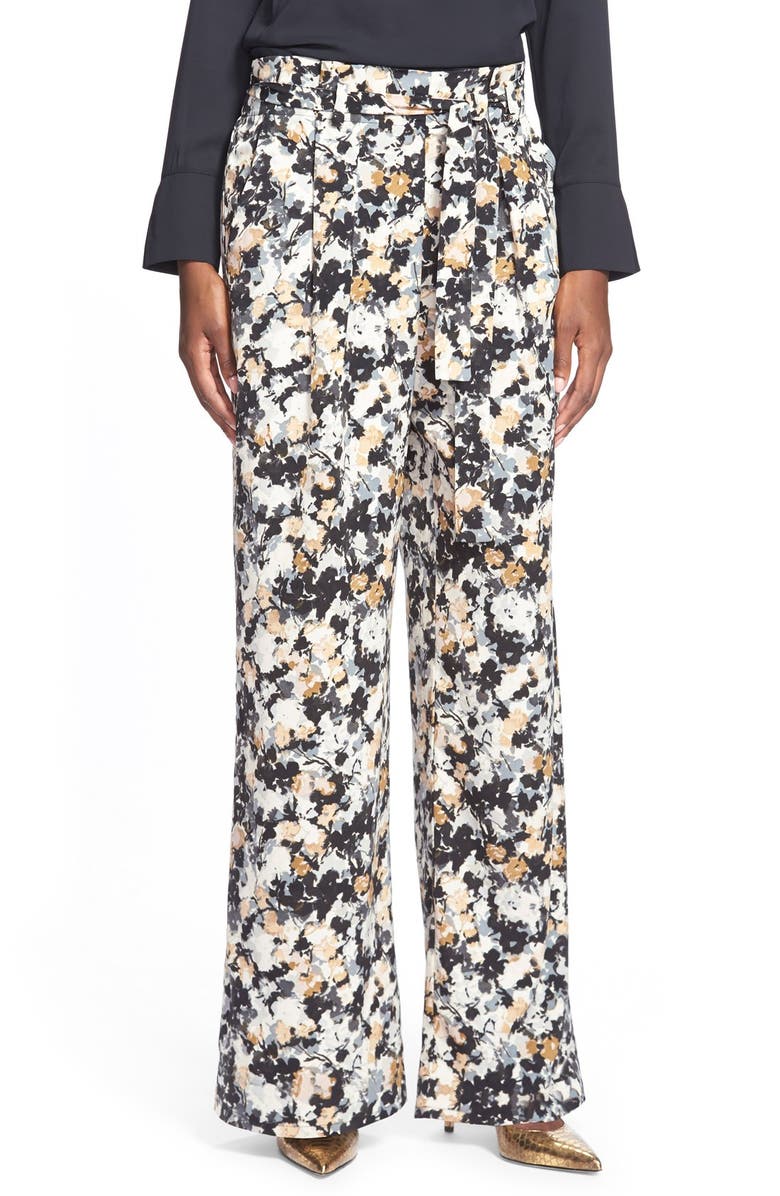Leith Pleated Floral Print Flare Pants Nordstrom