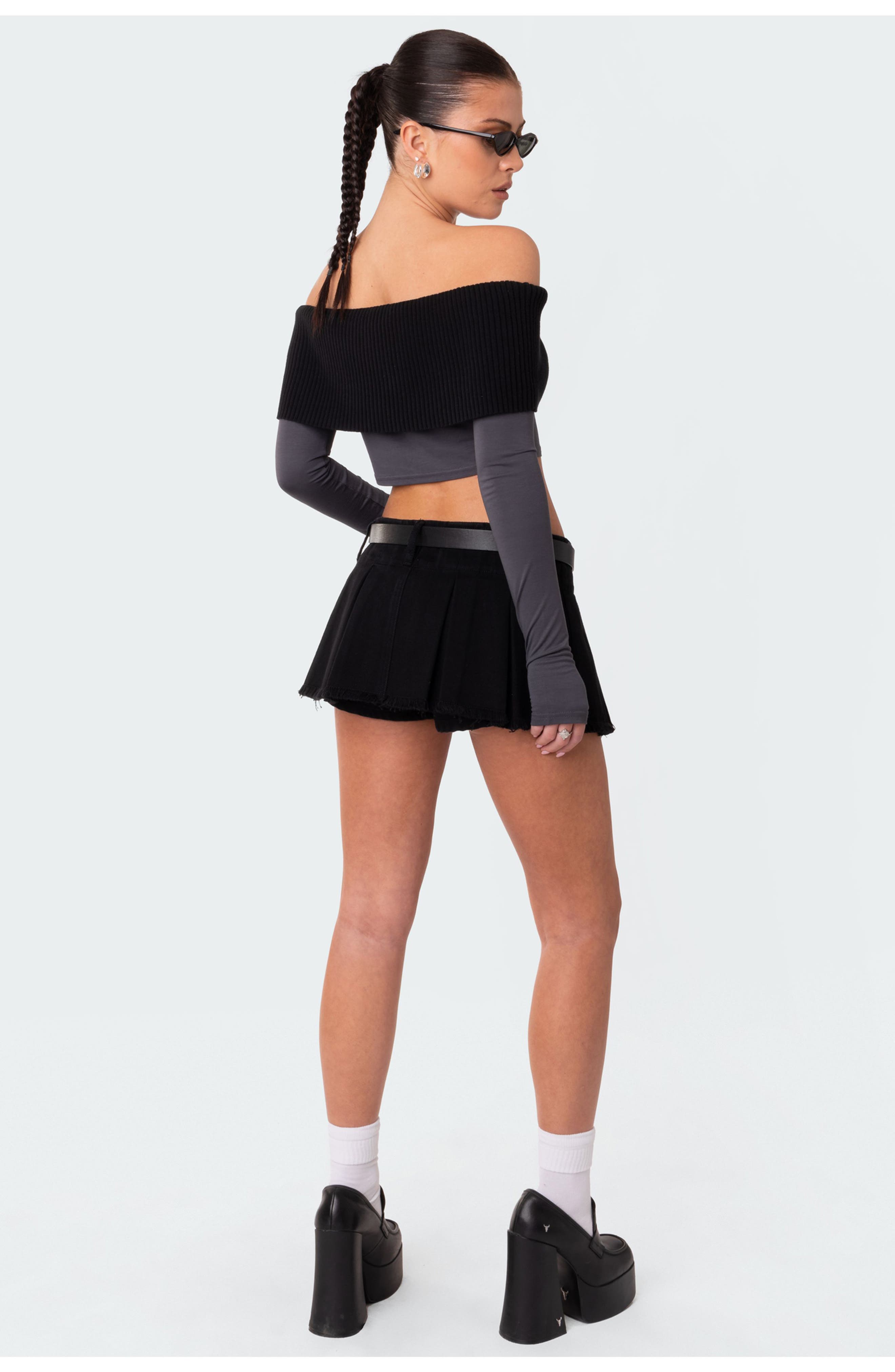 EDIKTED Low Rise Cotton Denim Mini Skort | Nordstrom