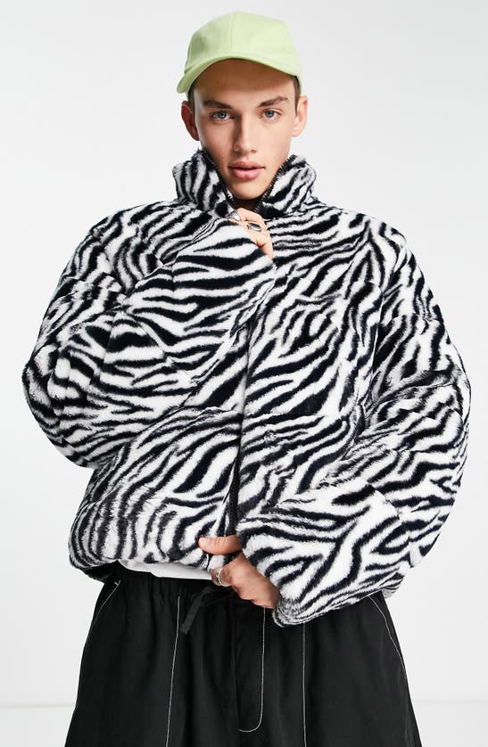 Asos Design Faux Fur Puffer Jacket In Zebra Print-black | ModeSens