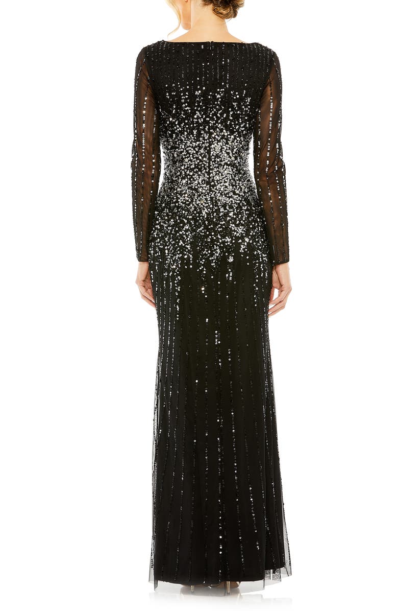 Mac Duggal Sequin Embellished Bateau Neck Long Sleeve A Line Gown