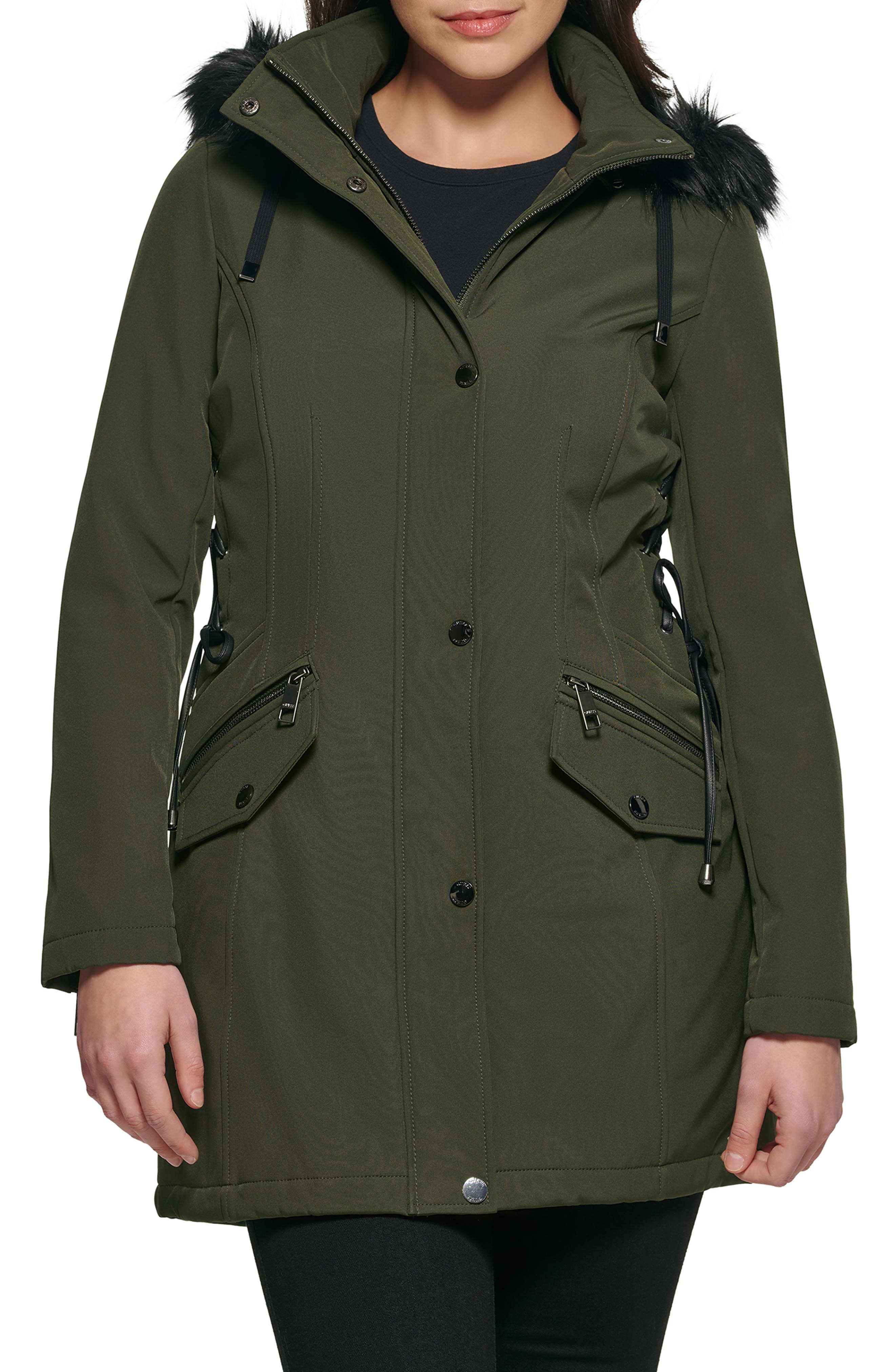 GUESS Faux Fur Trim Hooded Lace-Up Side Softshell Jacket | Nordstromrack