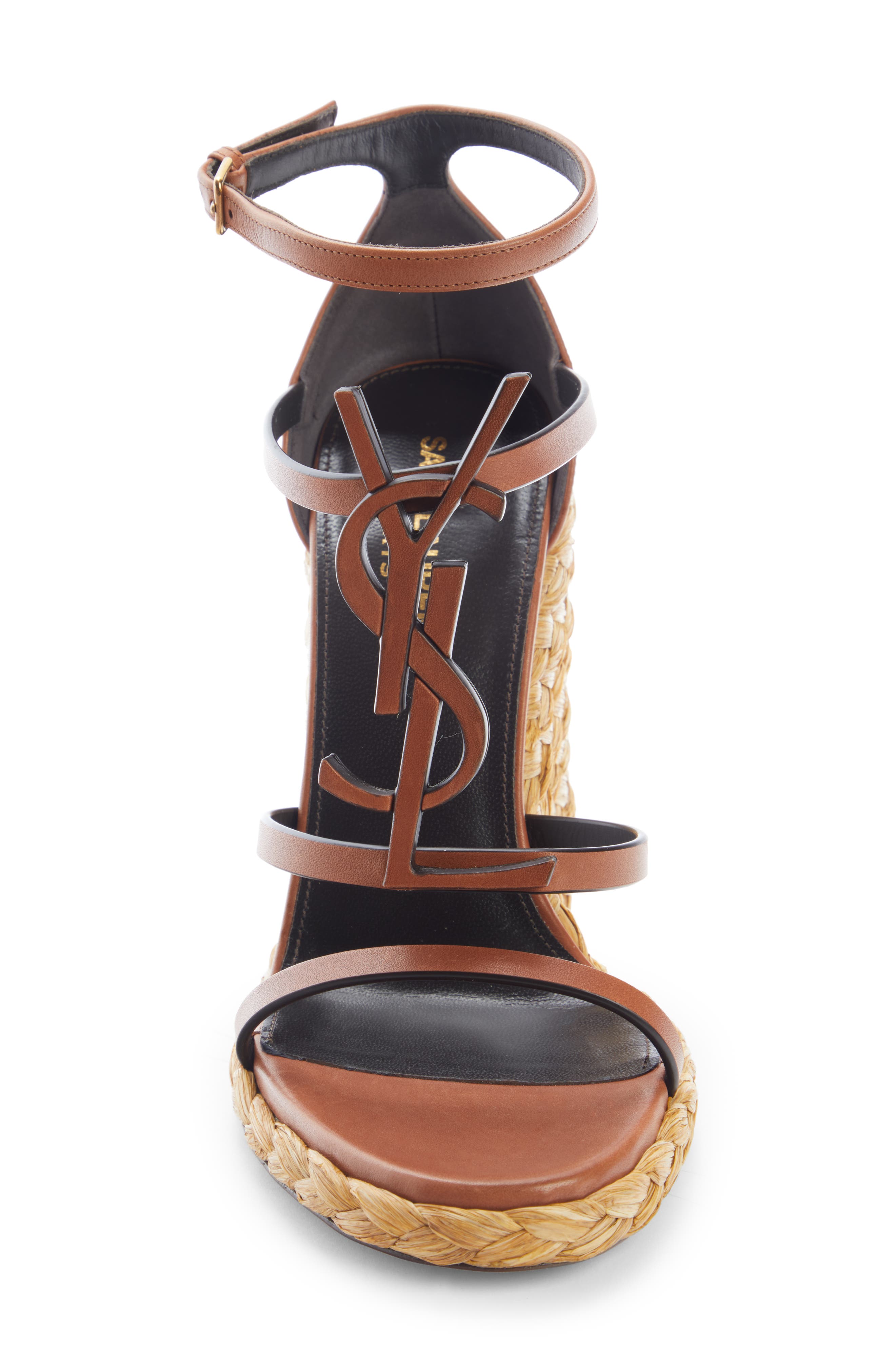 Saint Laurent Cassandra YSL Logo Raffia Wedge Sandal (Women) | Nordstrom
