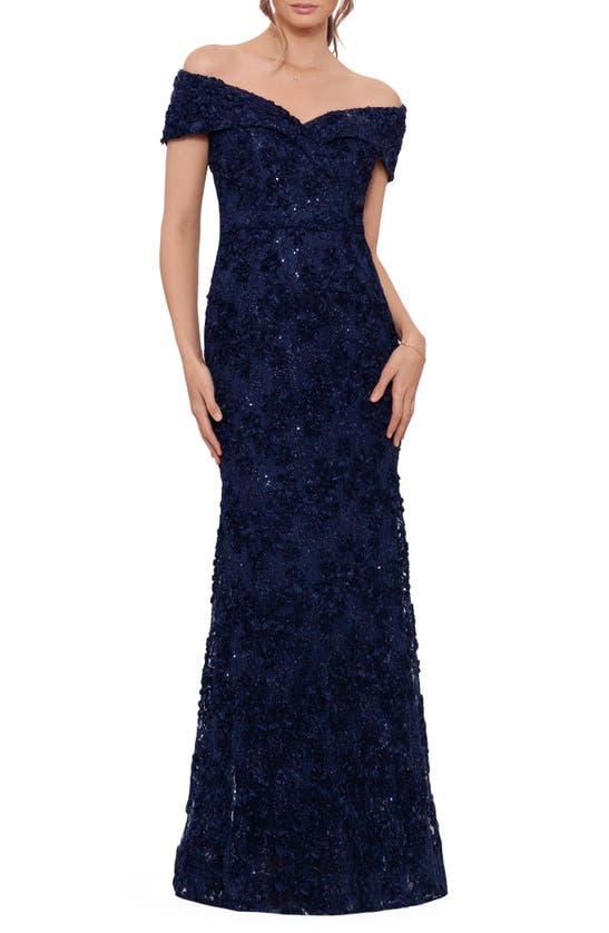 Xscape Off The Shoulder Embroidered Gown In Navy | ModeSens