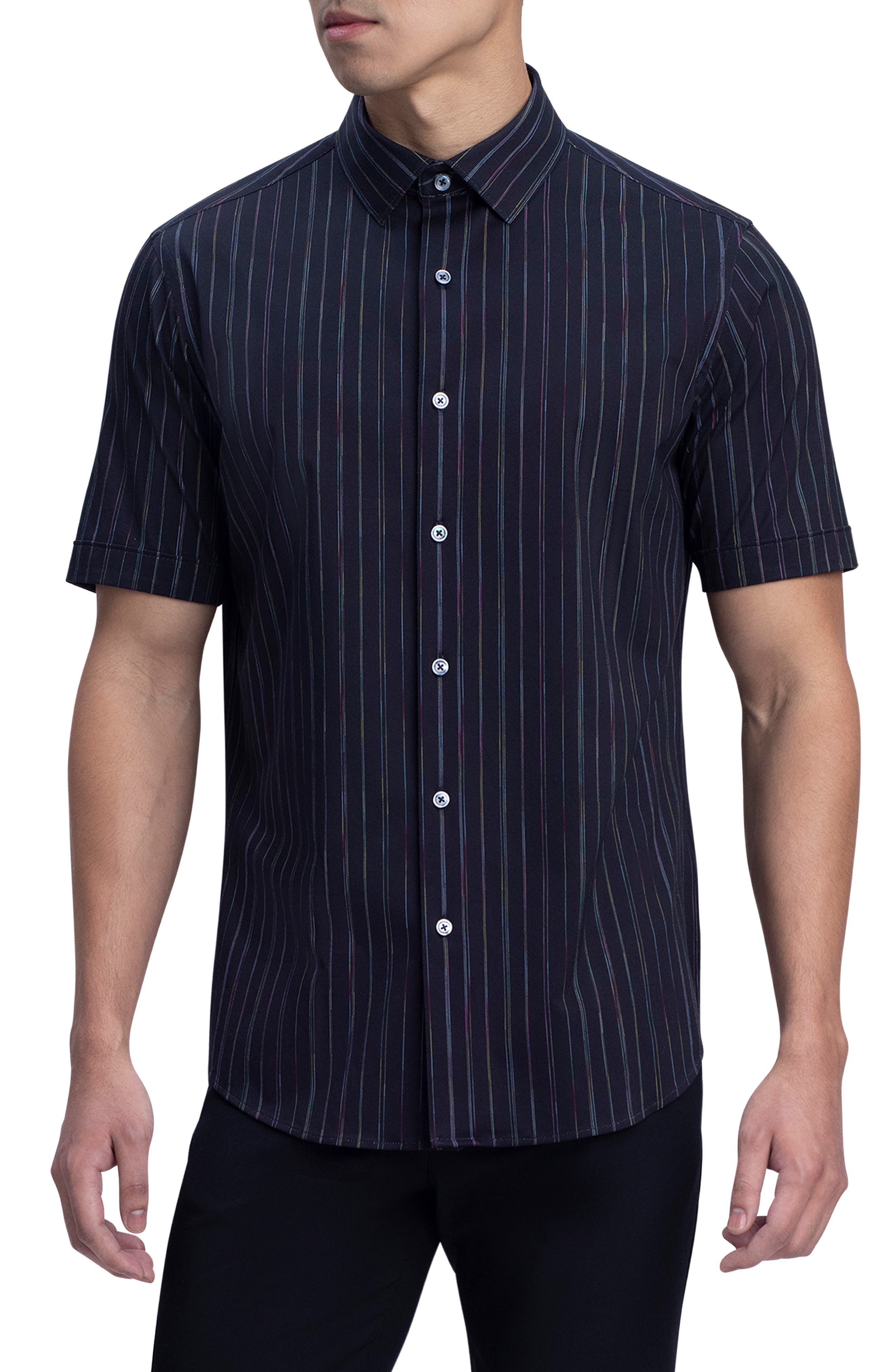 Bugatchi 8-Way Stretch Stripe Print Short Sleeve Button-Down Cotton ...