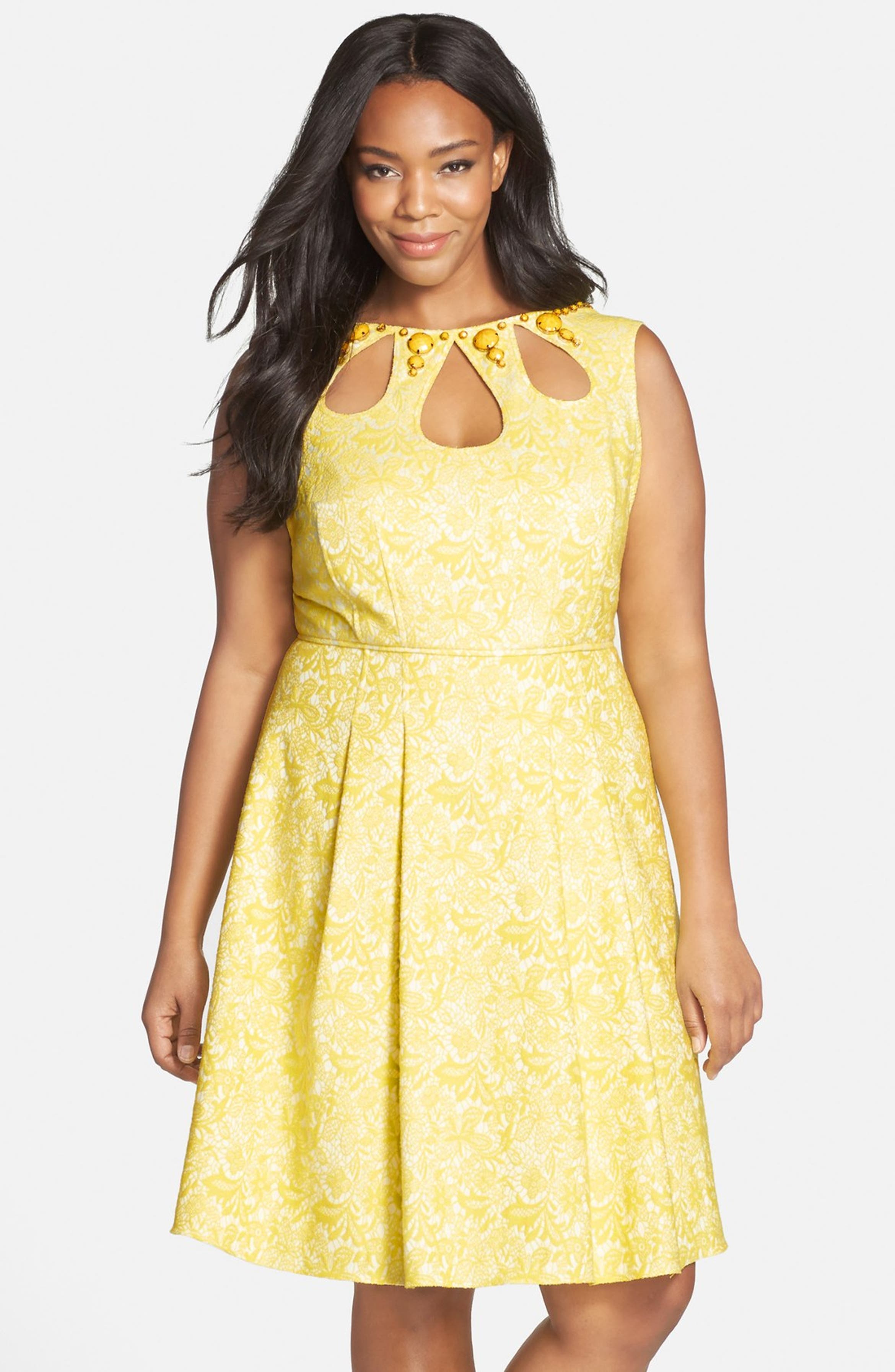 Adrianna Papell Embellished Cutout Detail Jacquard Fit And Flare Dress