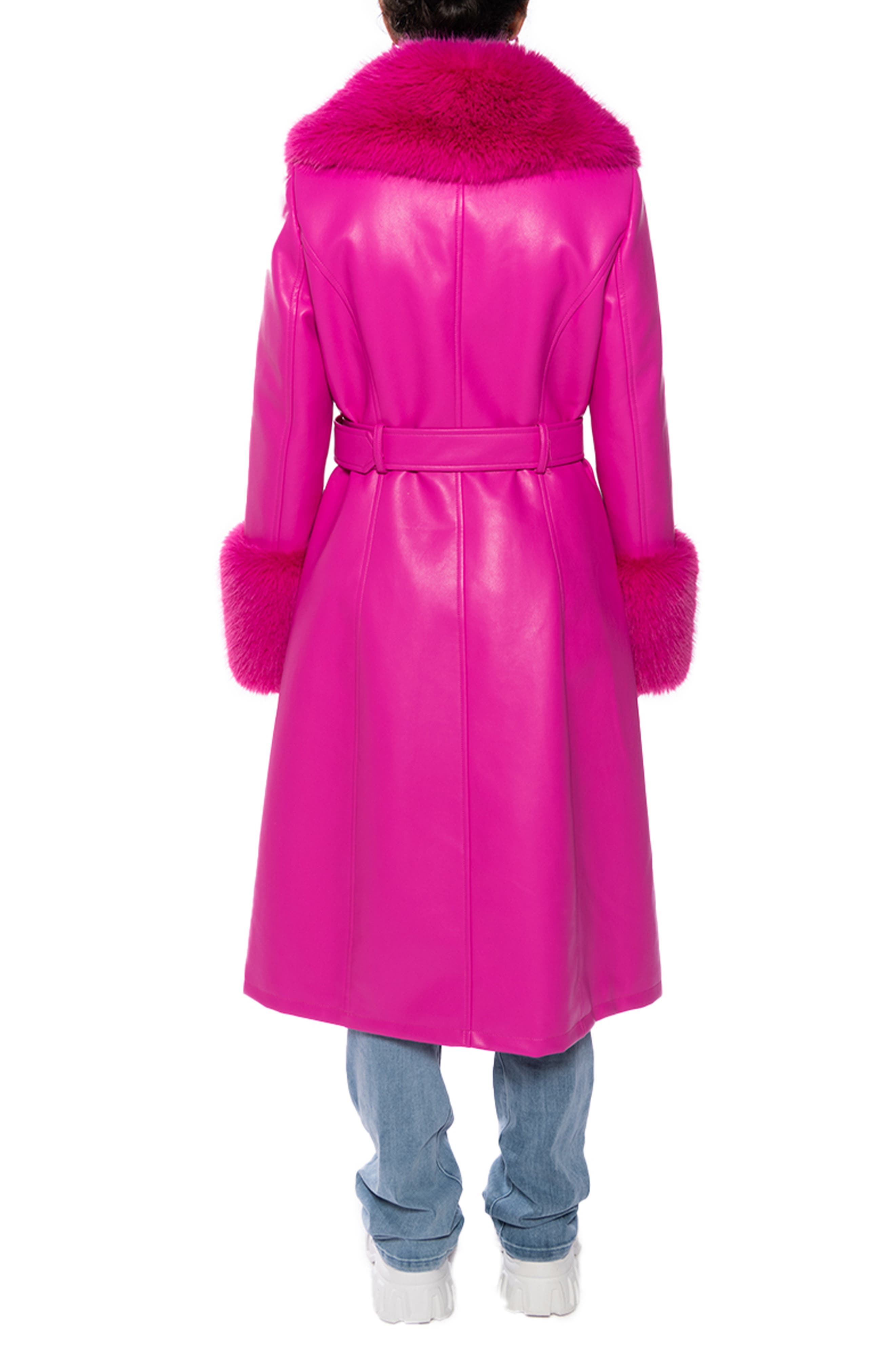 AZALEA WANG Belted Faux Fur Trim Faux Leather Trench Coat in Pink | Smart Closet