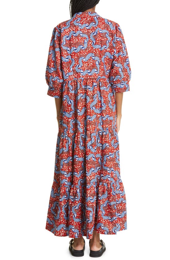 The Oula Company Spread Collar Cotton Midi Dress In Red And Blue | ModeSens
