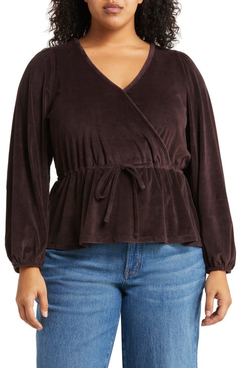 Corduroy Tie Front Faux Wrap Top (Plus Size)