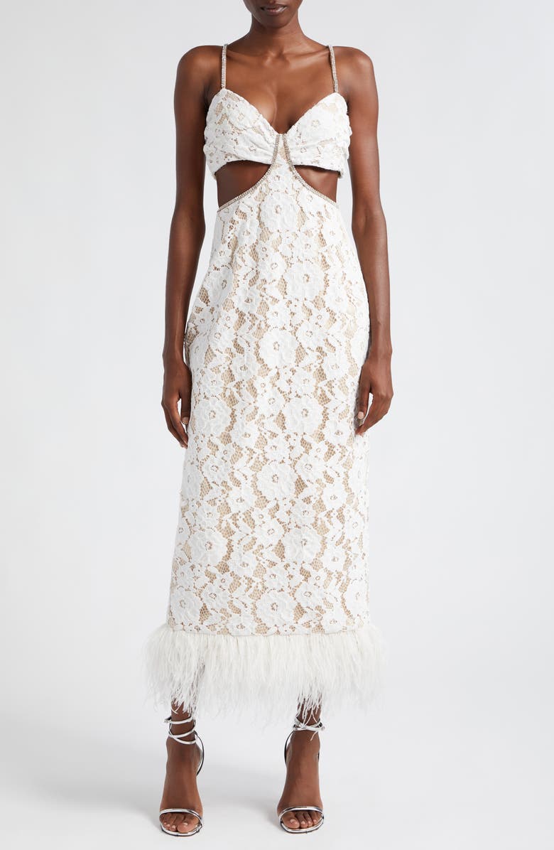 LIKELY Sarah Cutout Lace Feather Trim Maxi Dress | Nordstrom