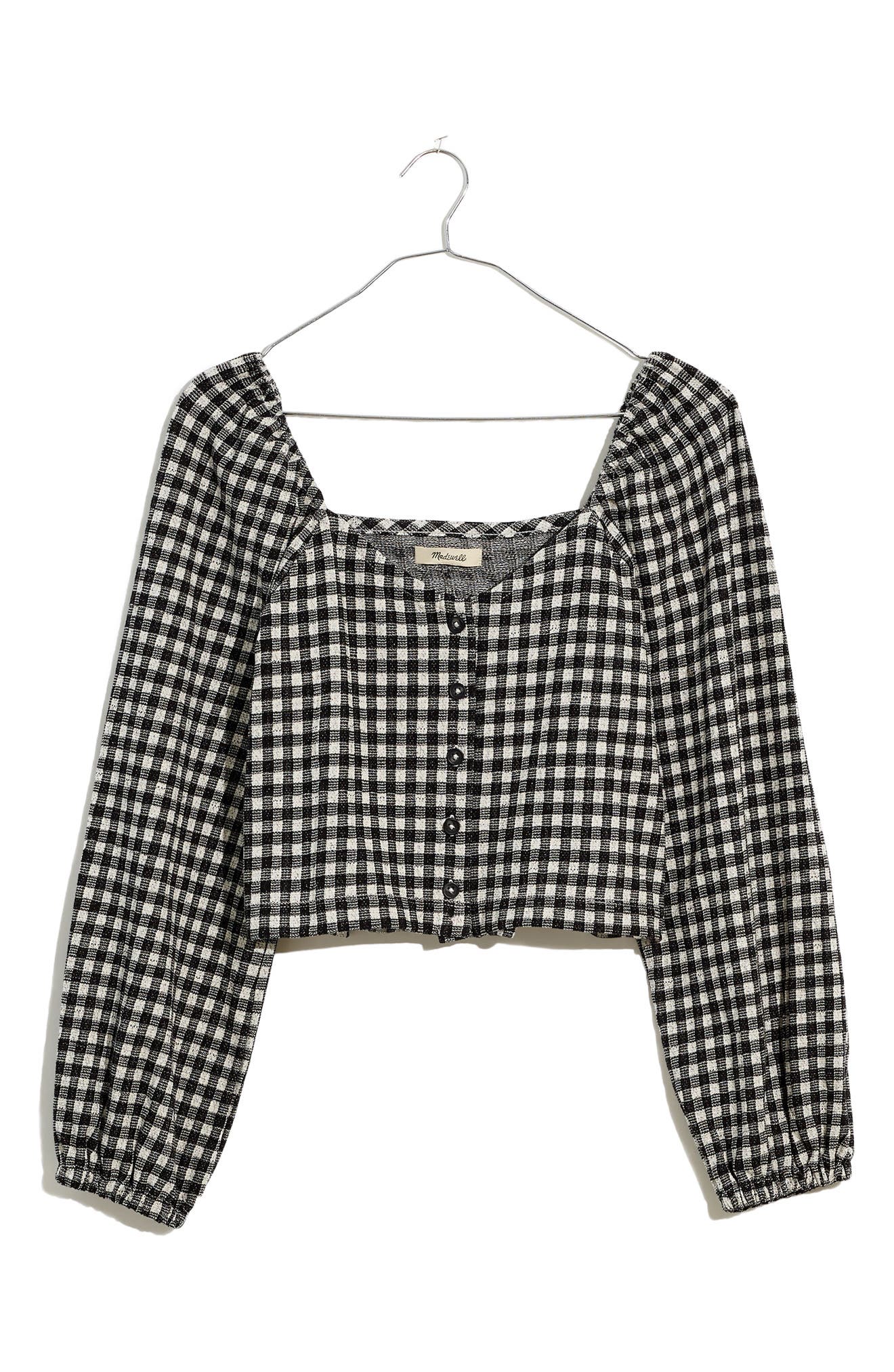 Madewell Gingham Puff Sleeve Button Front Crop Top | Nordstrom