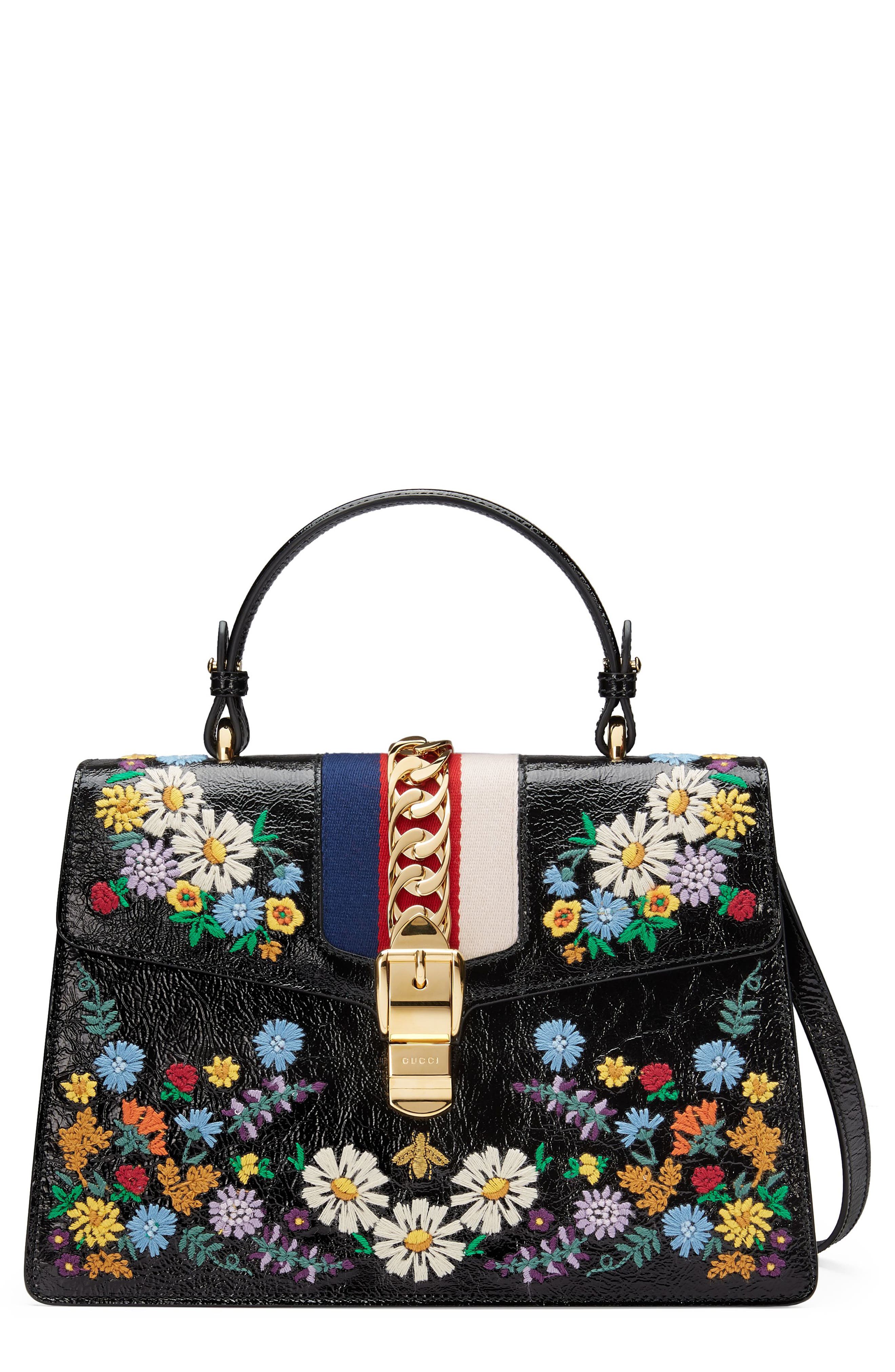 Gucci Medium Sylvie Floral Embroidered Top Handle Leather Shoulder Bag ...