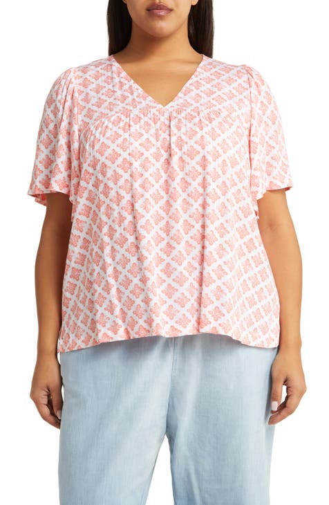 Print V-Neck Gauze Top (Plus Size)
