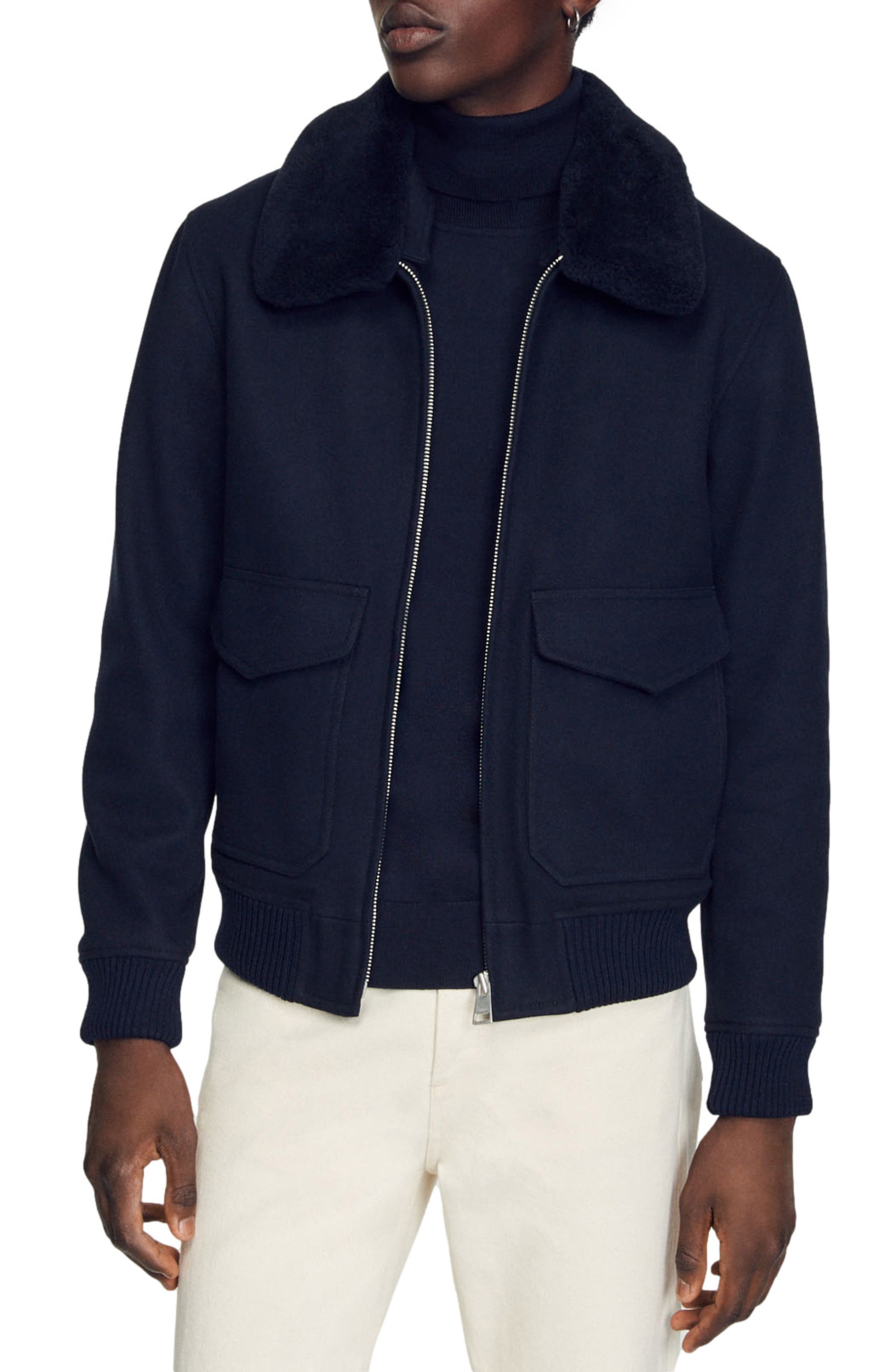 sandro Aviator Genuine Shearling Collar Wool Blend Bomber Jacket ...