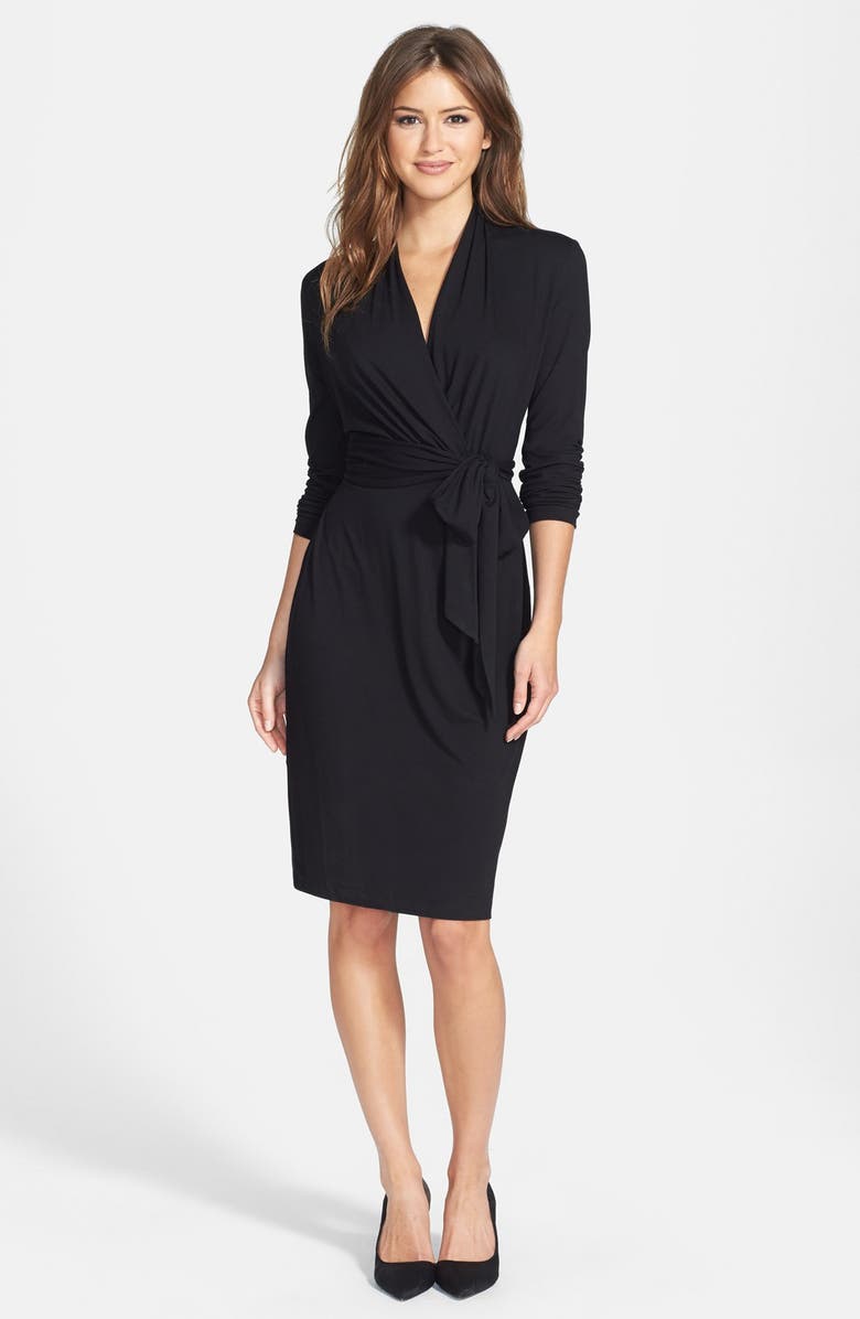 Adrianna Papell Three Quarter Sleeve Faux Wrap Dress Online Only
