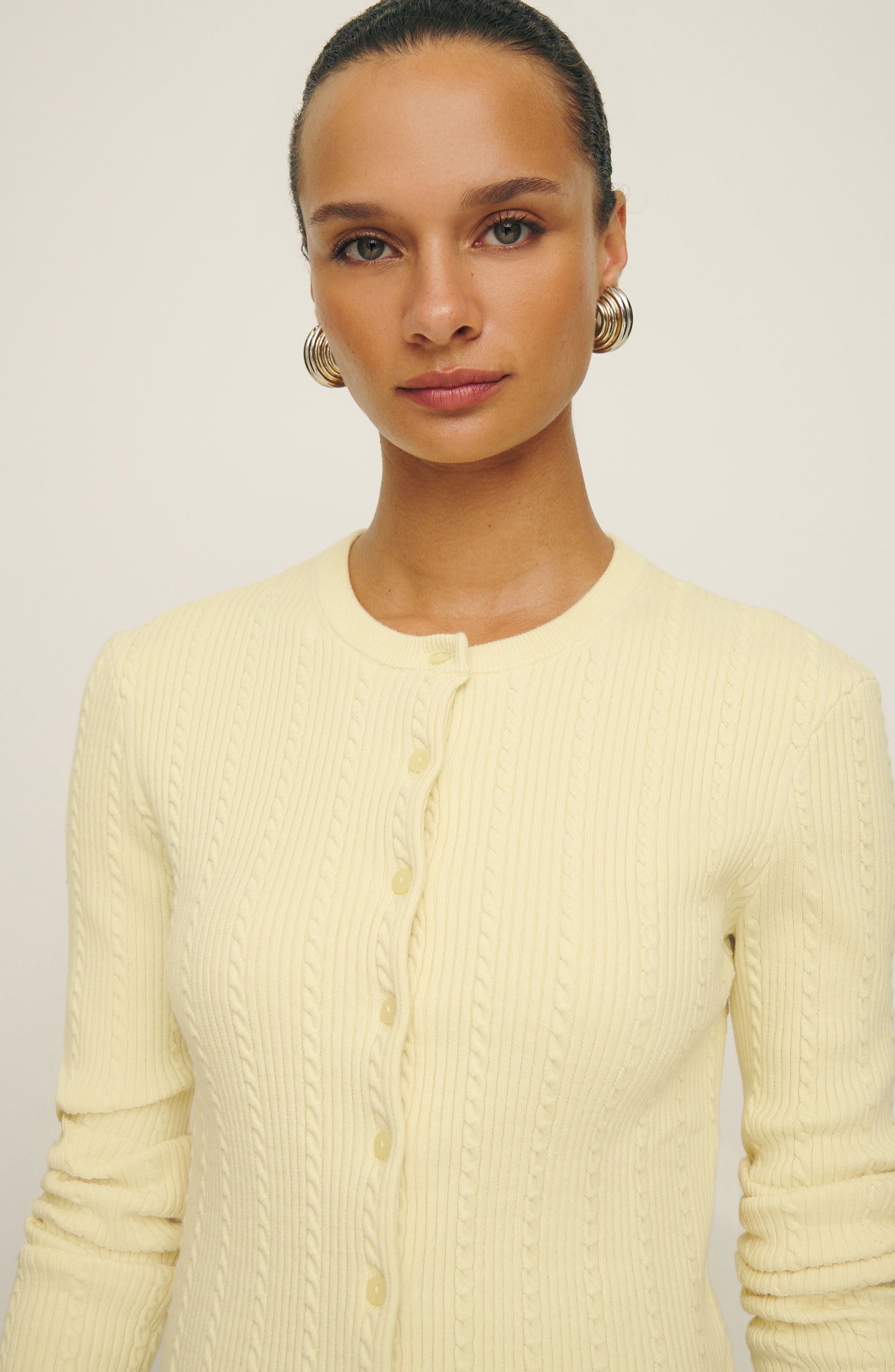 Reformation Natalie Cable Stitch Cardigan Sweater in Lemon Icing | Smart Closet