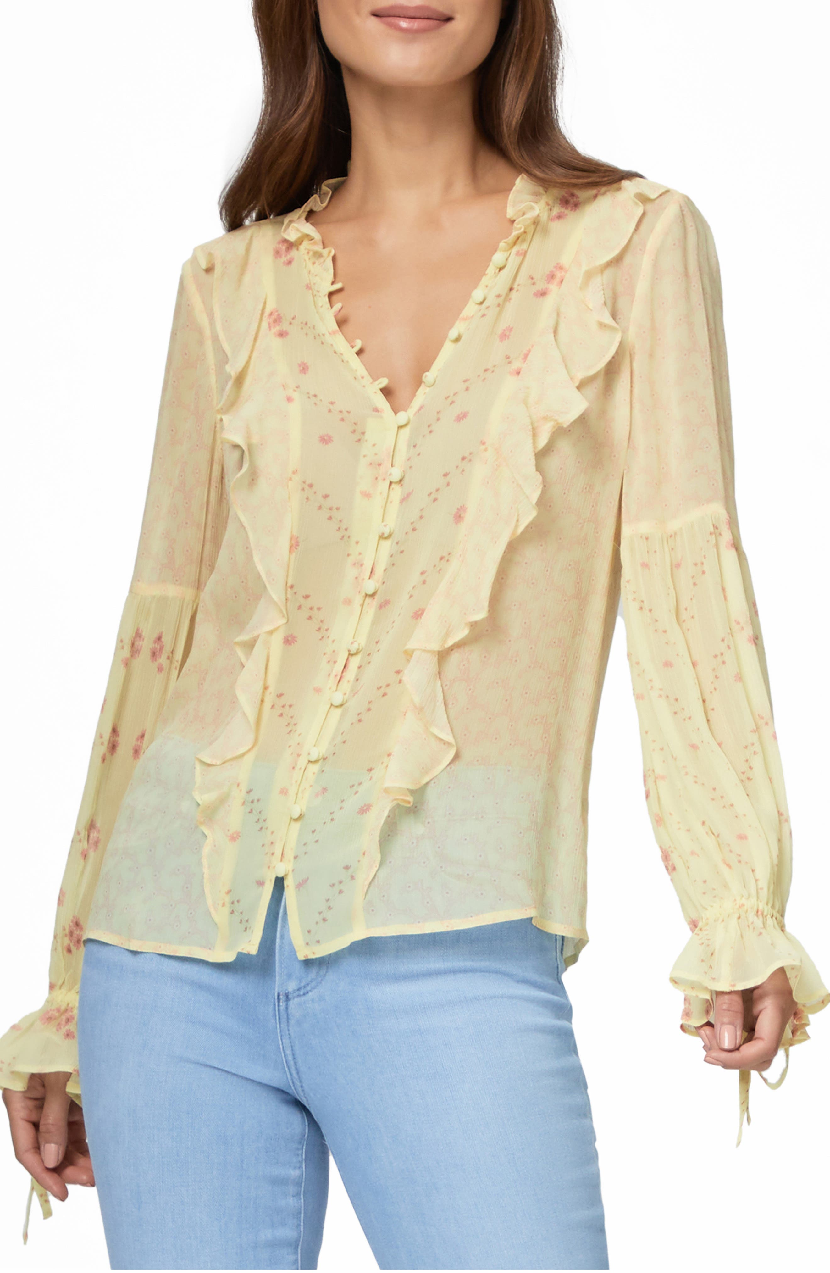 PAIGE Haiku Floral Sheer Ruffle Silk Blouse | Nordstromrack