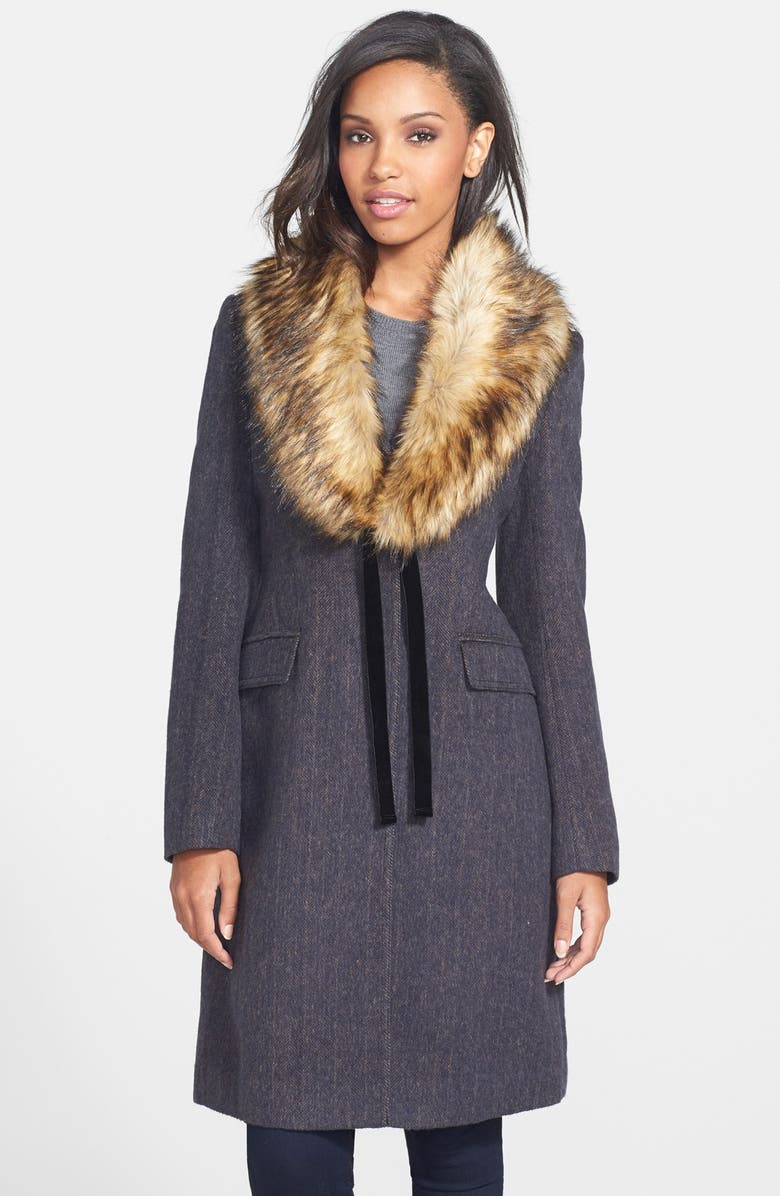 Vera Wang Faux Fur Collar Herringbone Coat Online Only Nordstrom
