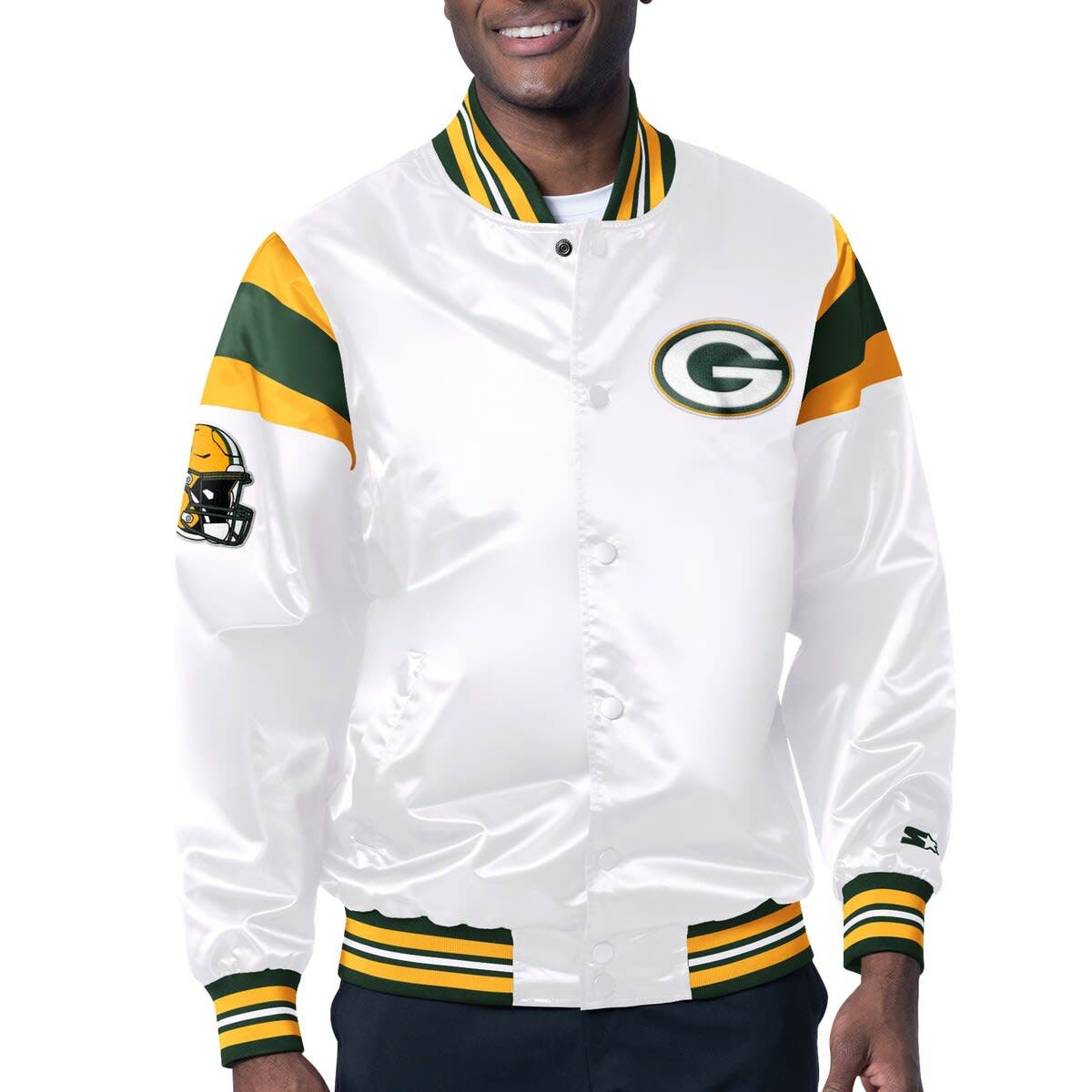 STARTER Men's Starter White Green Bay Packers Satin Full-Snap Varsity ...