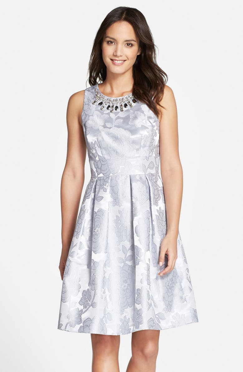 Eliza J Embellished Neck Floral Jacquard Fit & Flare Dress | Nordstrom Eliza J Embellished Neck Floral Jacquard Fit & Flare Dress | Nordstrom