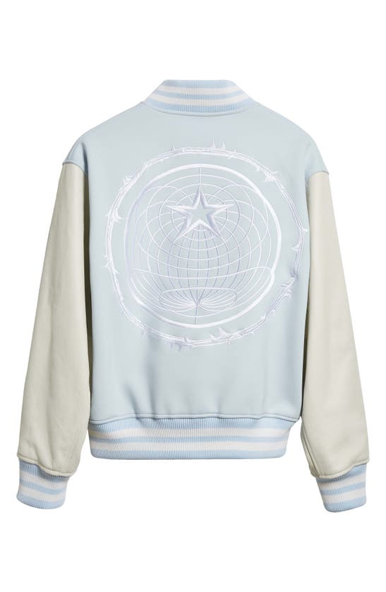 Burberry Globe-embroidery Jersey And Leather Varsity Jacket In Glacier ...