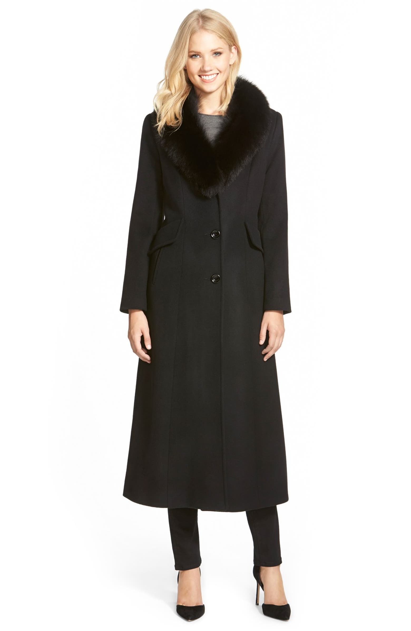 Sachi Genuine Fox Fur Shawl Collar Long Wool Blend Coat Regular