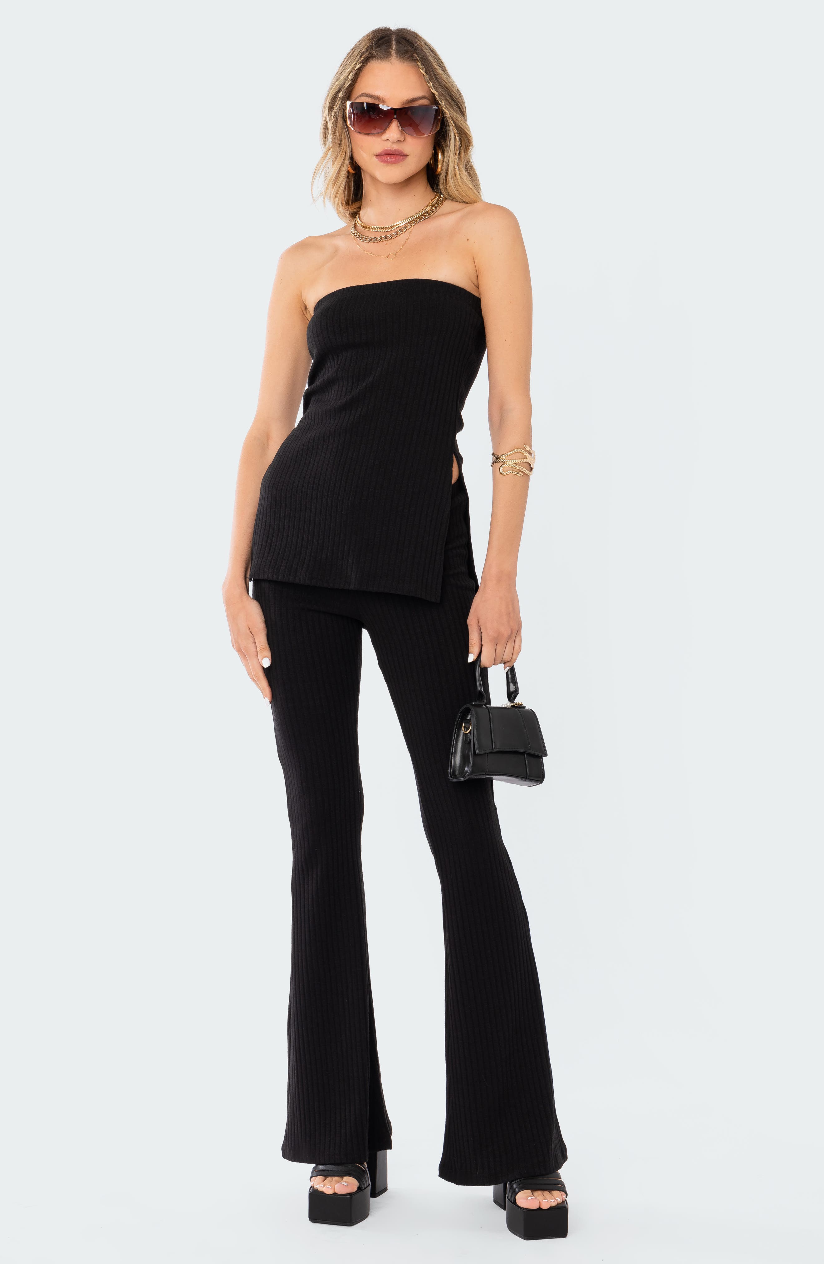 EDIKTED Dekota Ribbed Flare Pants in Black | Smart Closet