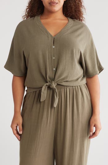 MELLODAY Tie Front Button-Up Top | Nordstromrack