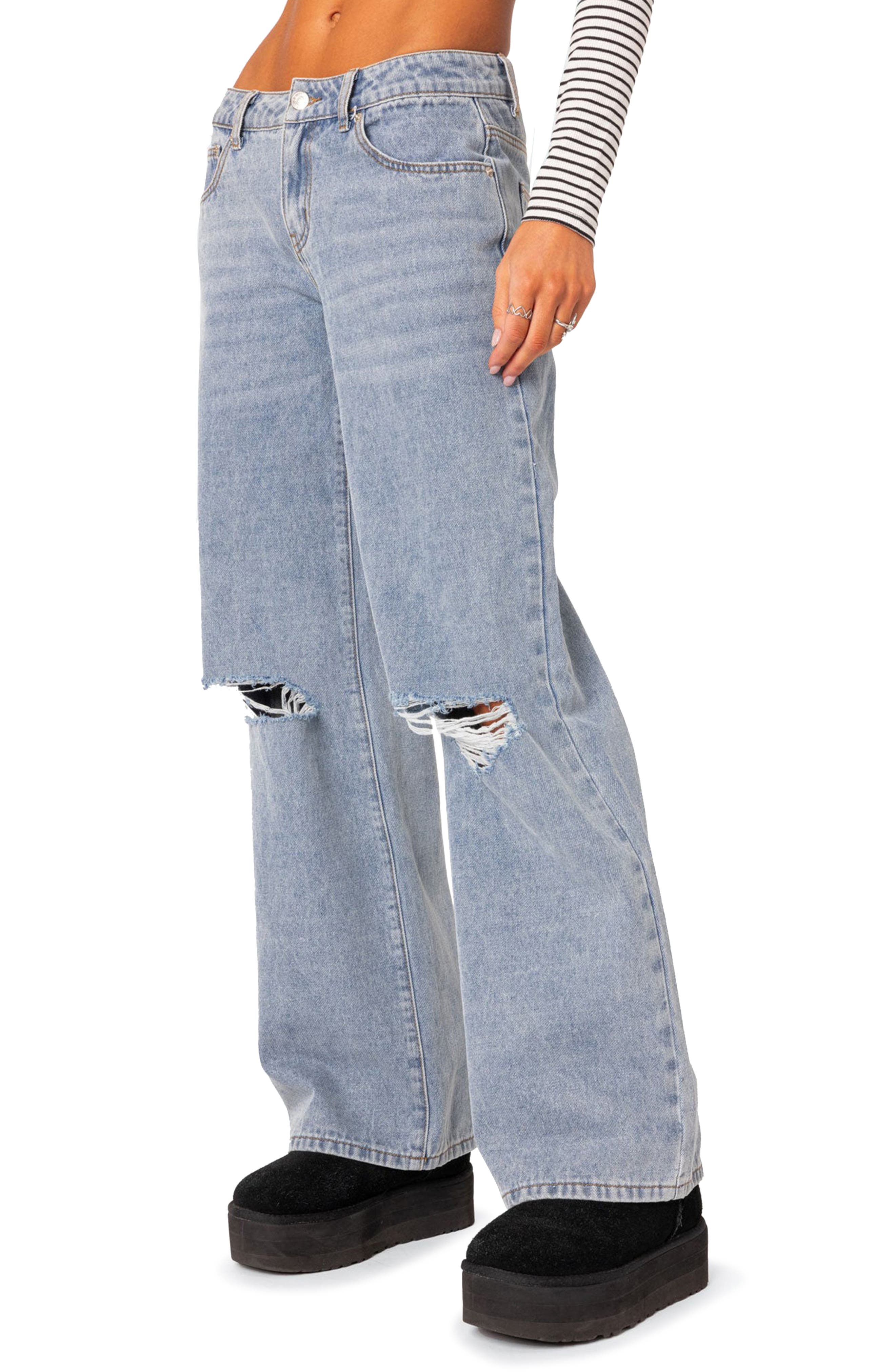 EDIKTED Debbie Ripped Low Rise Wide Leg Jeans in Light-Blue | Smart Closet