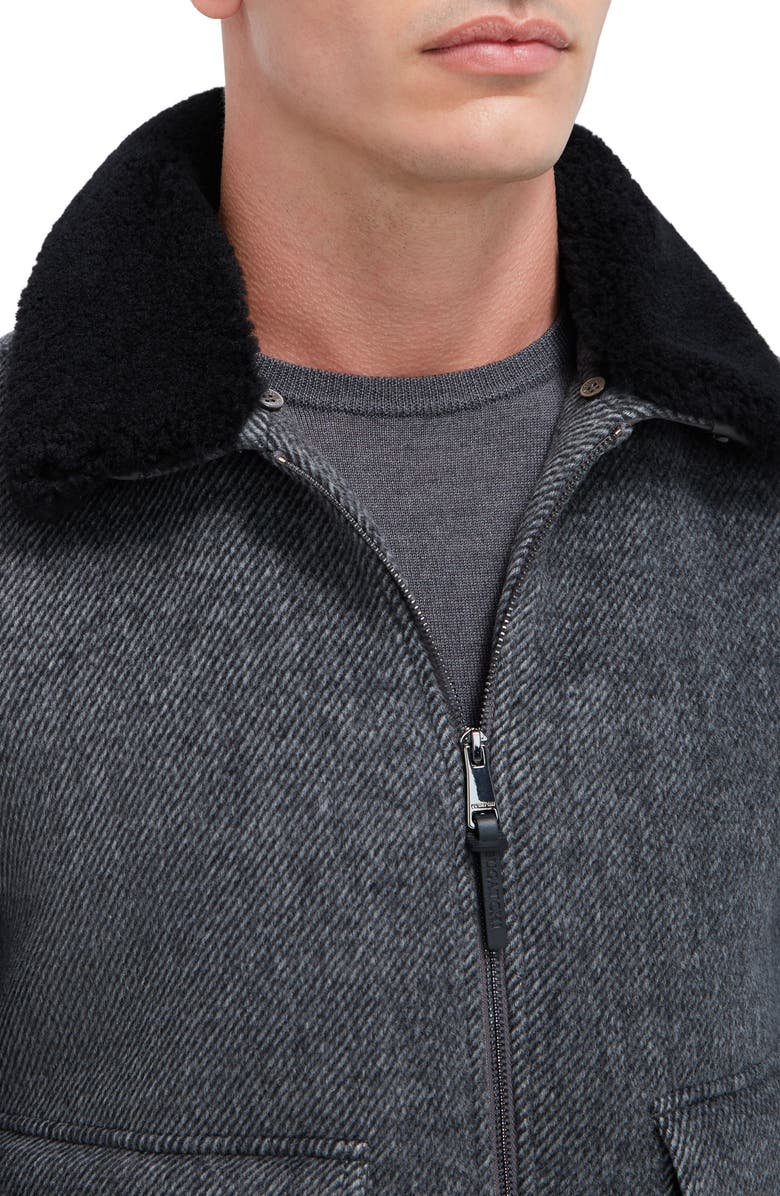 Bugatchi Genuine Shearling Trim Marled Wool Blend Bomber Jacket ...