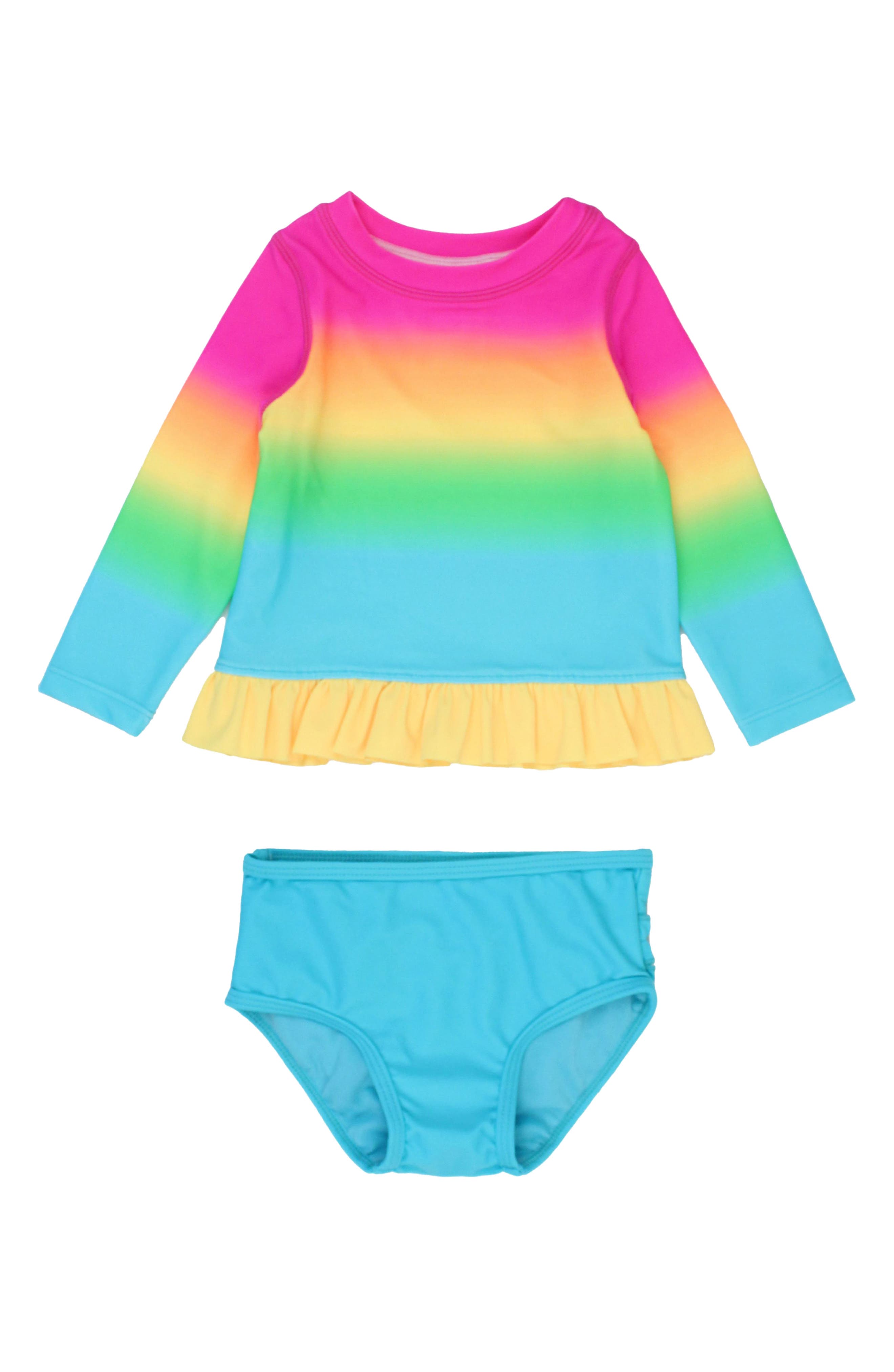 RuffleButts Kids' Neon Sunset Long Sleeve Two-Piece Rashguard Swimsuit ...